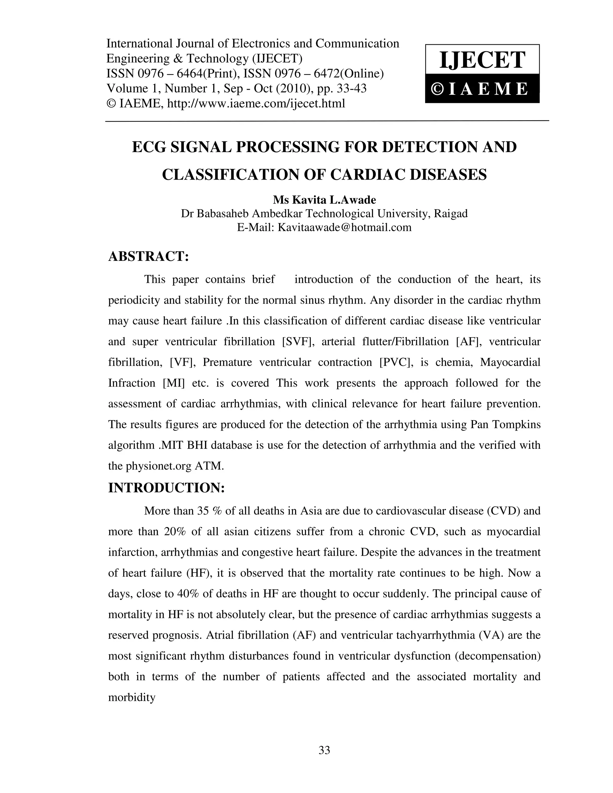 Ecg signal processing for detection and classification of cardiac ...