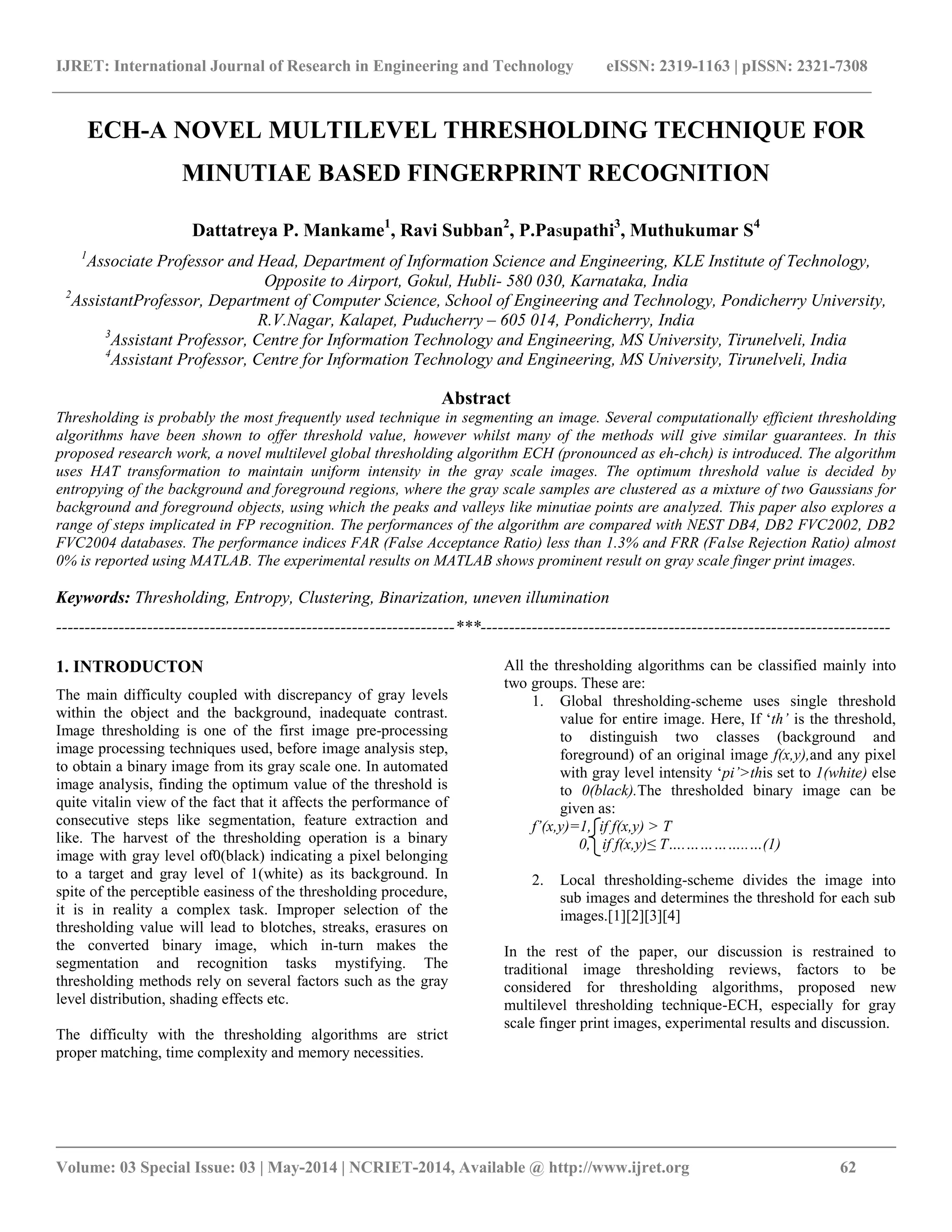 Ech a novel multilevel thresholding technique for minutiae based ...