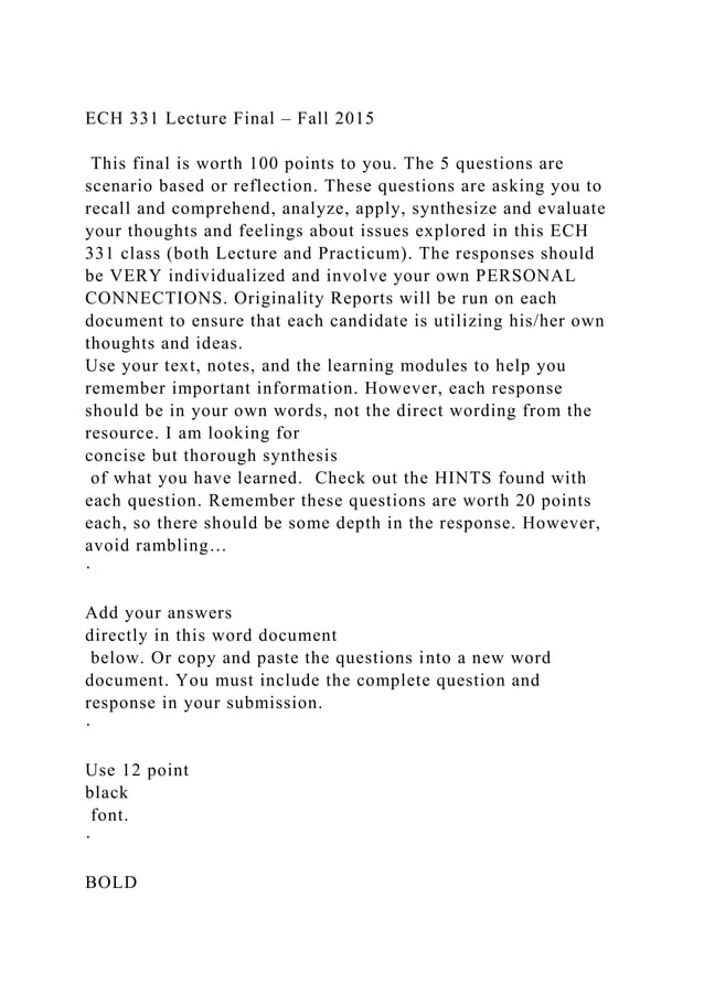 ECH 331 Lecture Final – Fall 2015 This final is worth 100 points.docx | Daycare and Pre-School ...