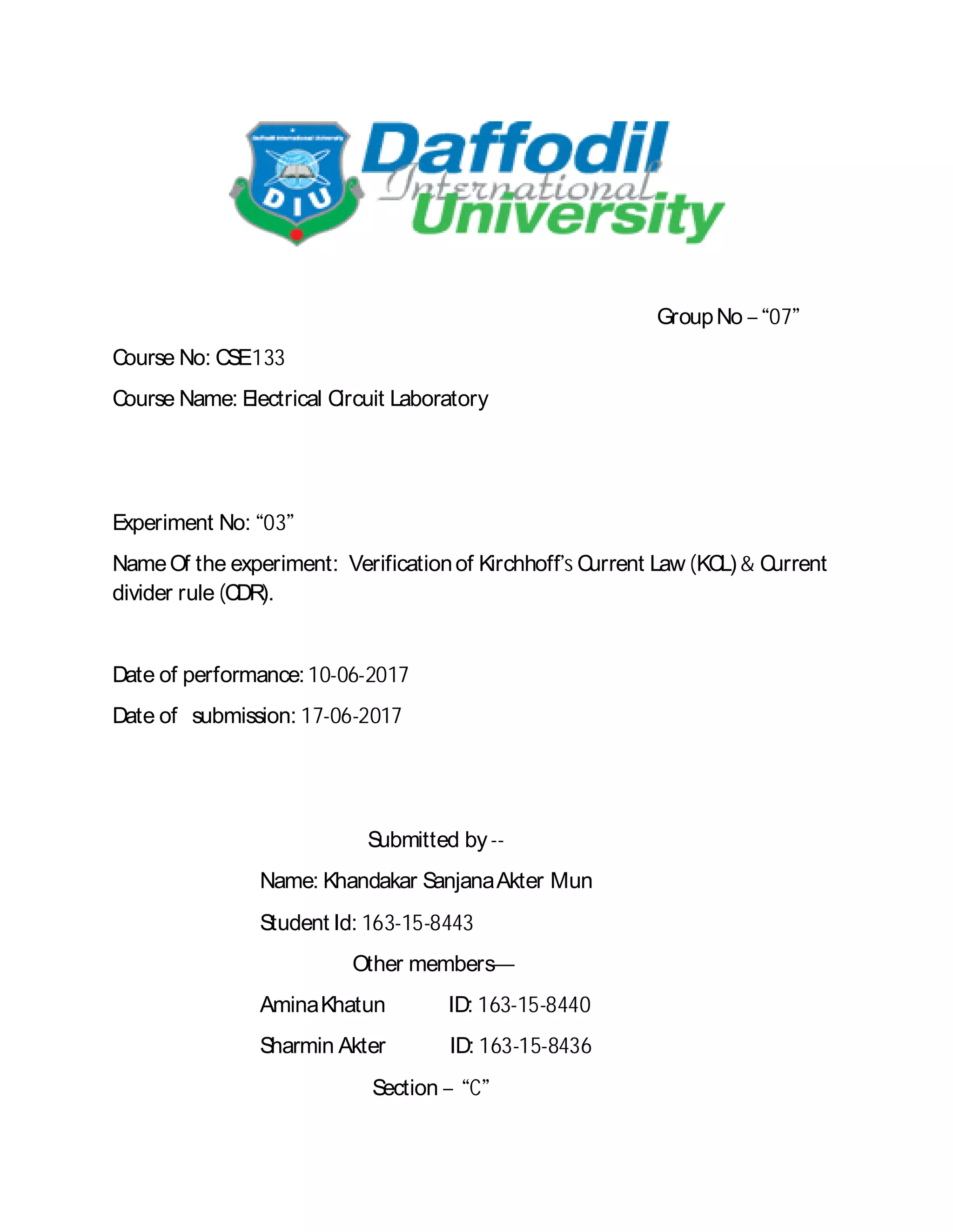 Electrical circuit verification of K irchhoff’s Current Law(KCL) & Current dividerrule(CDR ). | PDF