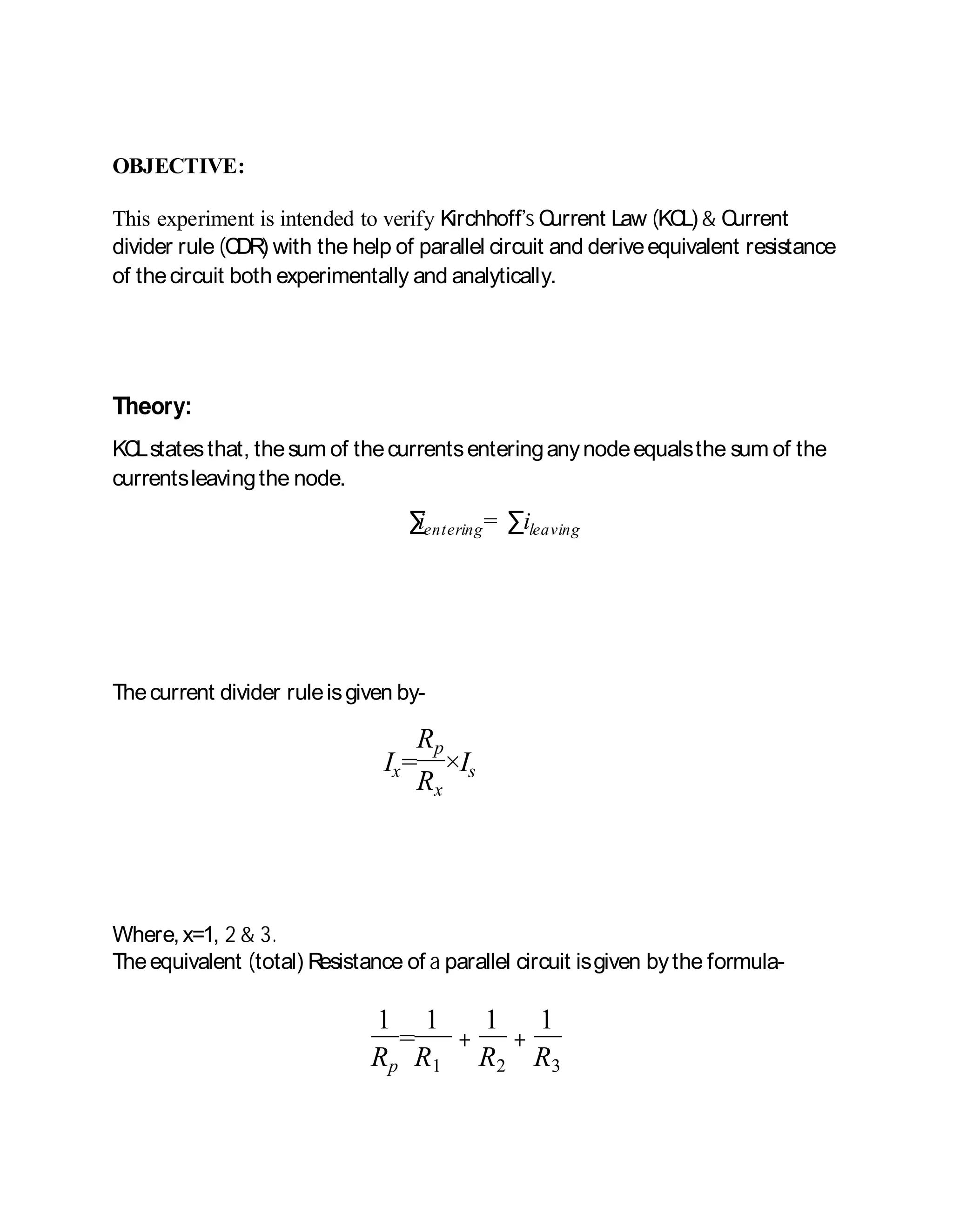 Electrical circuit verification of K irchhoff’s Current Law(KCL) & Current dividerrule(CDR ). | PDF