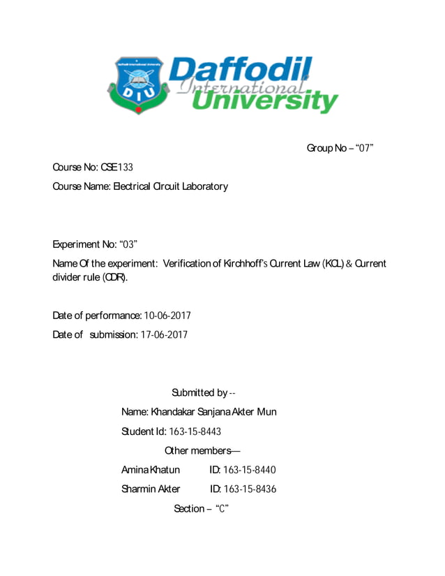 Electrical circuit verification of K irchhoff’s Current Law(KCL) & Current dividerrule(CDR ). | PDF
