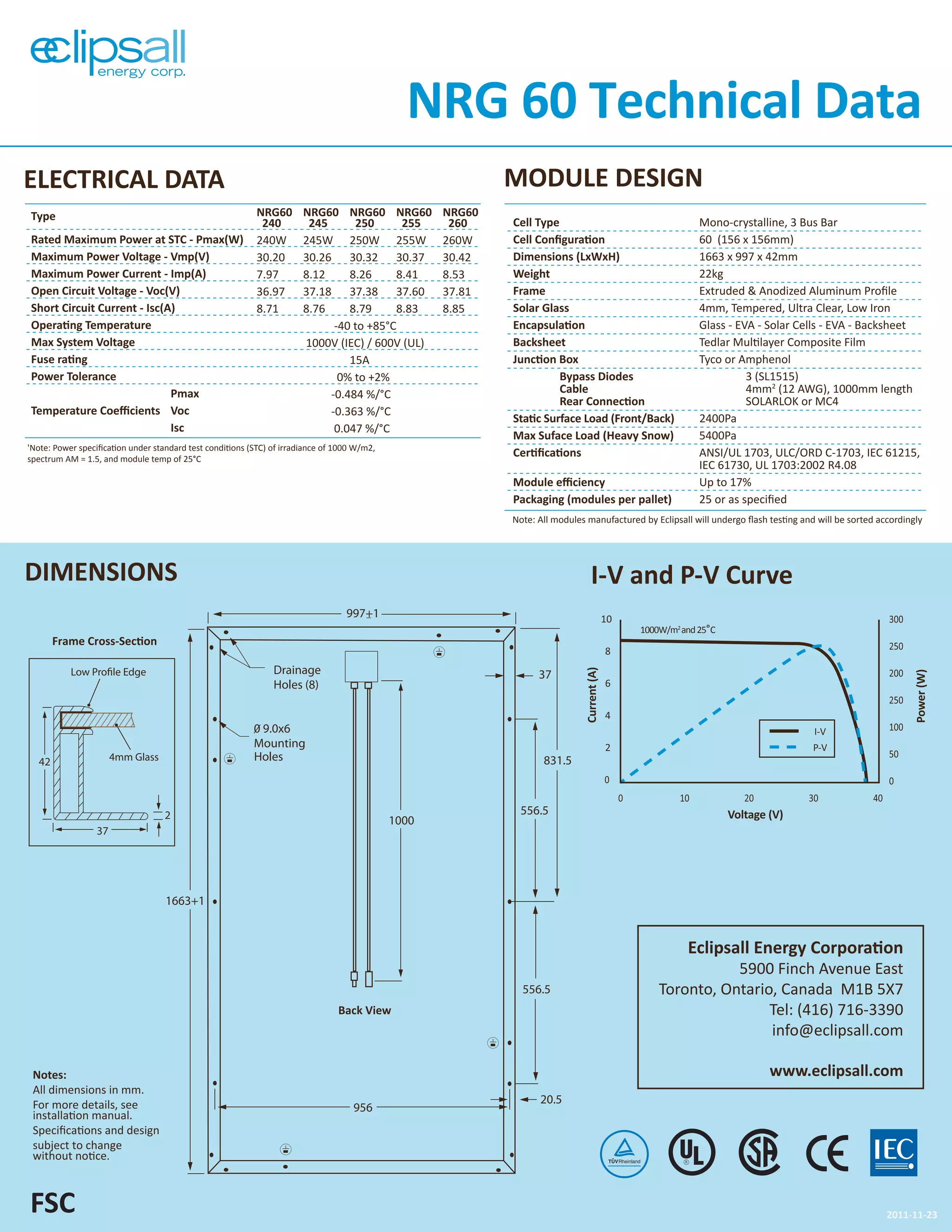 Eclipsall Energy NRG Series Spec Sheet 60 Cell | PDF