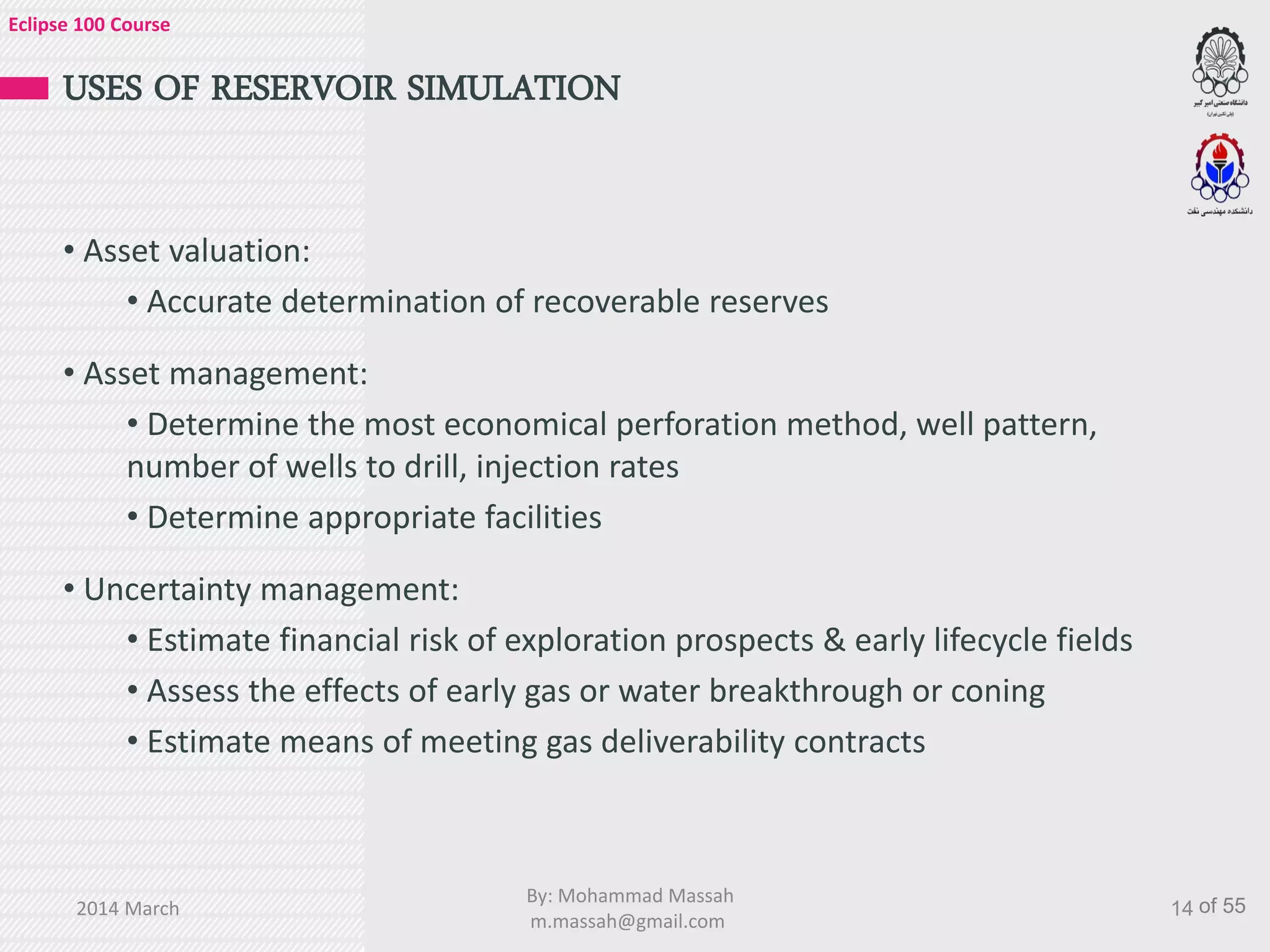 Eclipse 100 - Petroleum reservoir simulation course | PDF