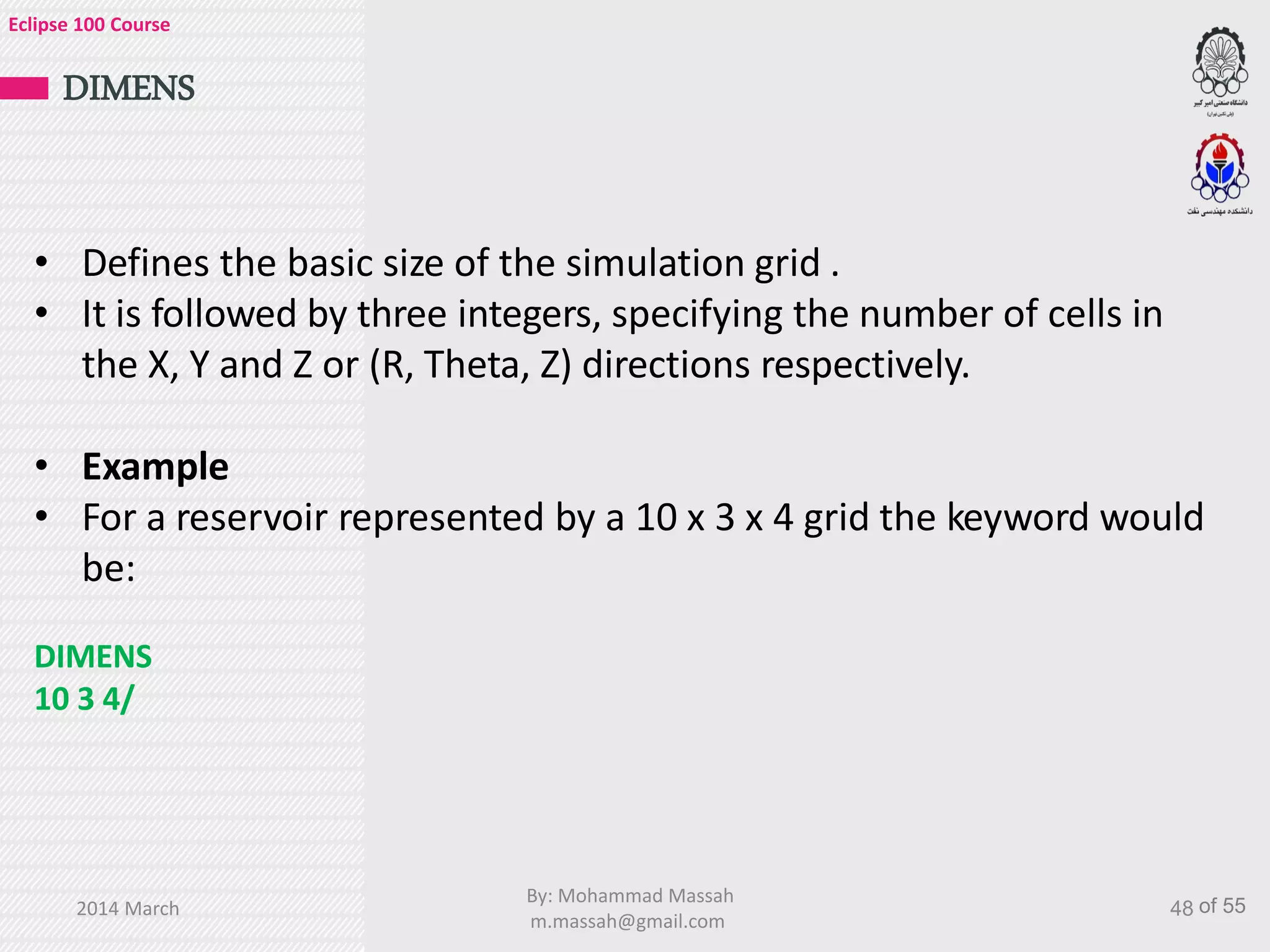 Eclipse 100 - Petroleum reservoir simulation course | PDF