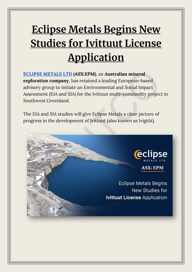 Eclipse Metals Begins New Studies for Ivittuut License Application