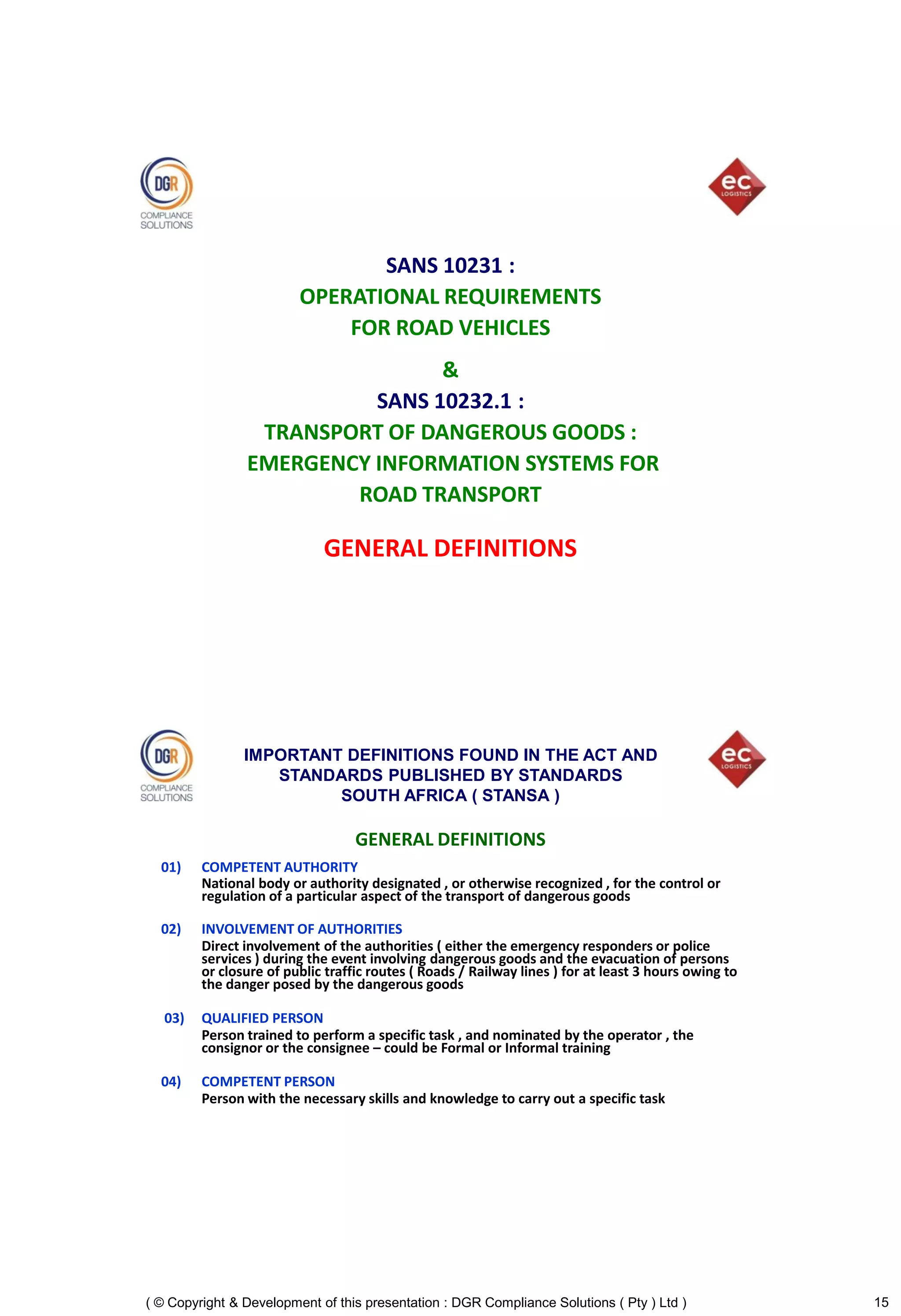 Revised SANS Codes and legal updates related to the transportation of ...