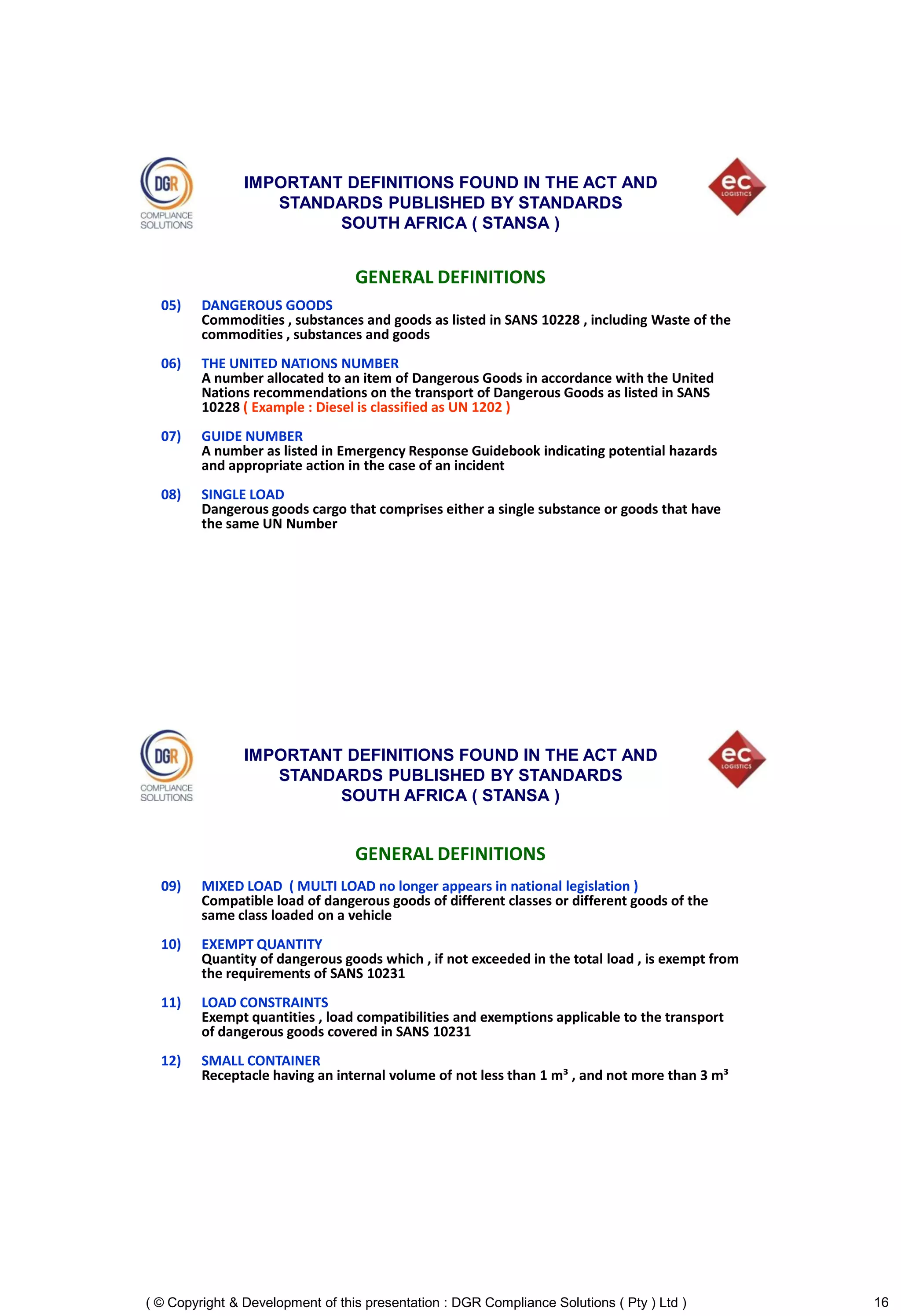 Revised SANS Codes and legal updates related to the transportation of ...