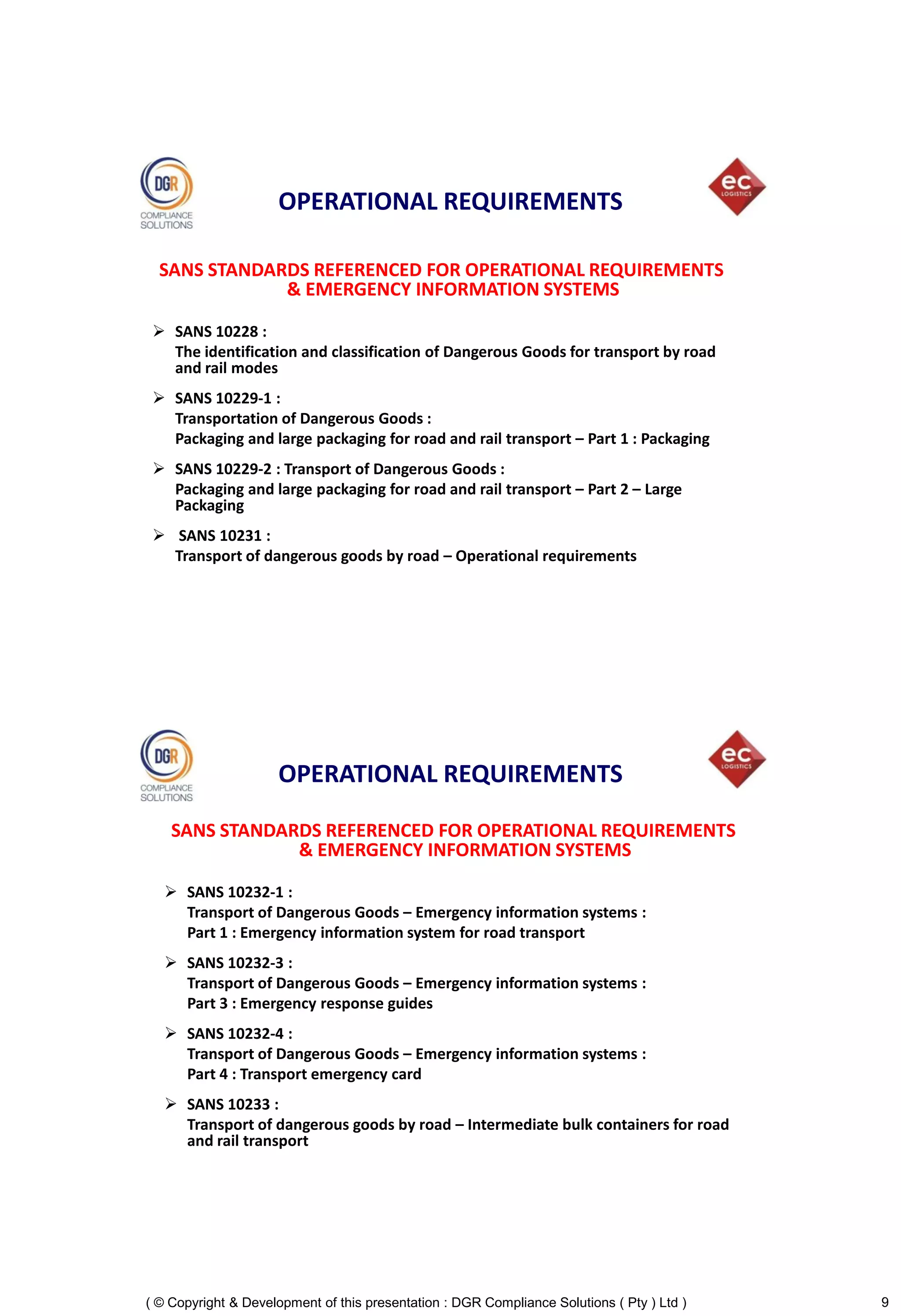 Revised SANS Codes and legal updates related to the transportation of ...