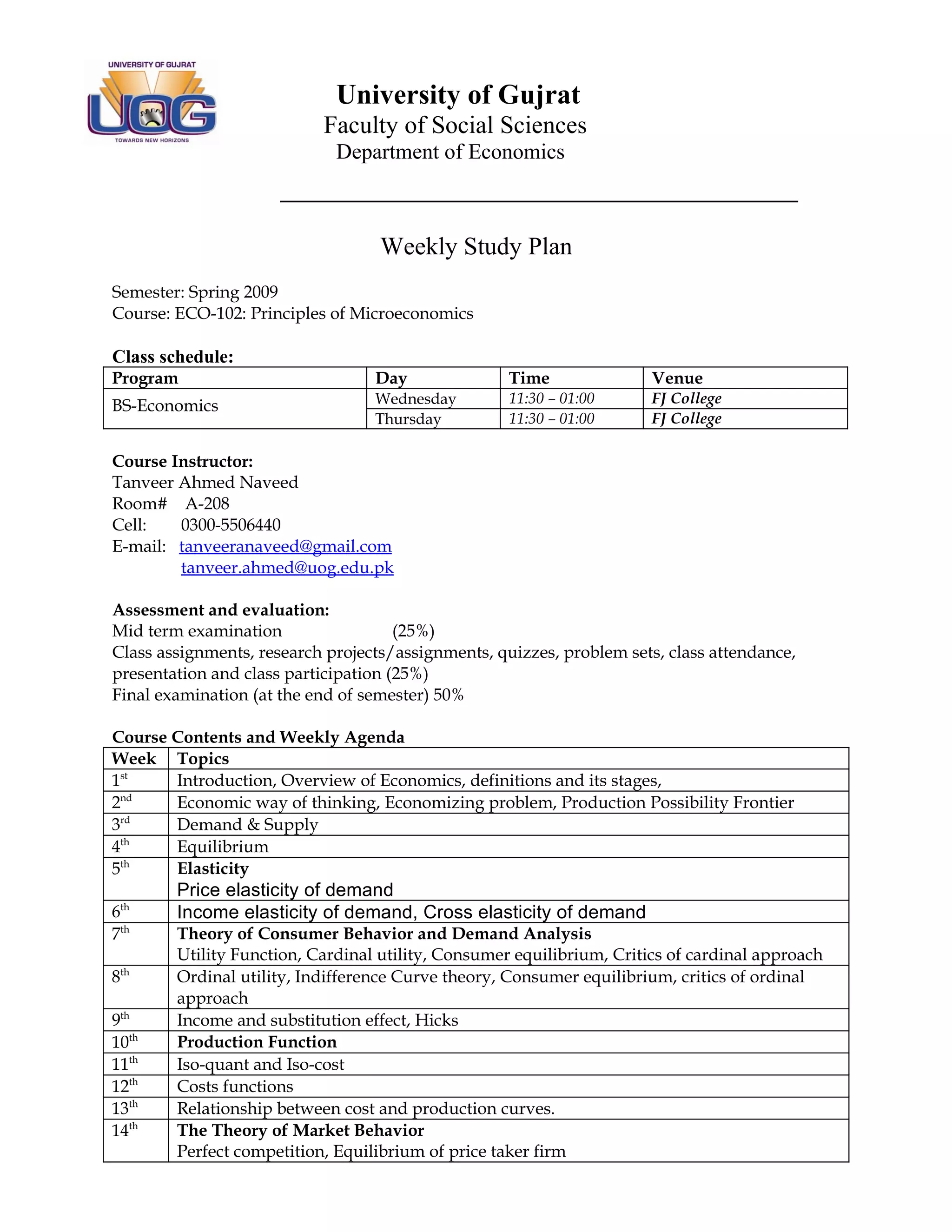 Course outlin Principles Of Microeconomics Bs (Weekly Plan) | DOC