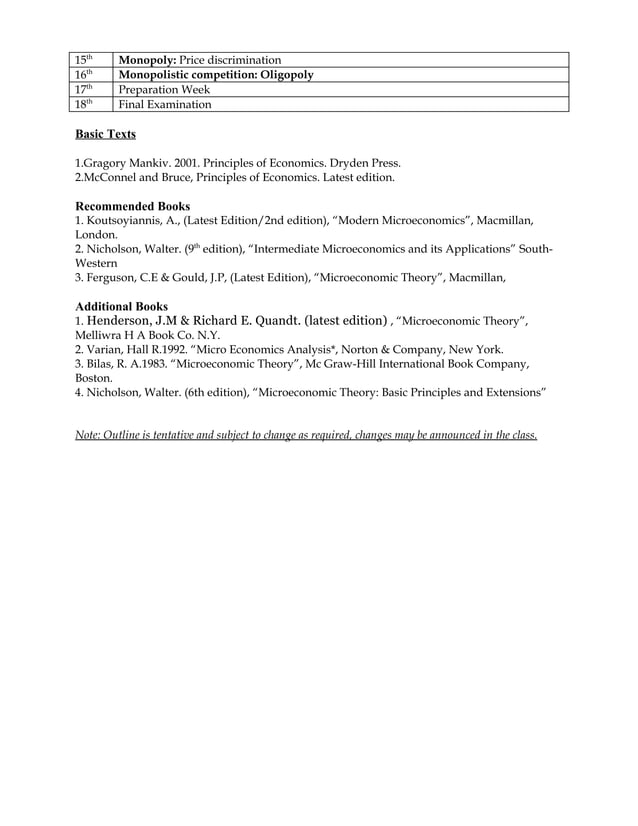Course outlin Principles Of Microeconomics Bs (Weekly Plan) | DOC