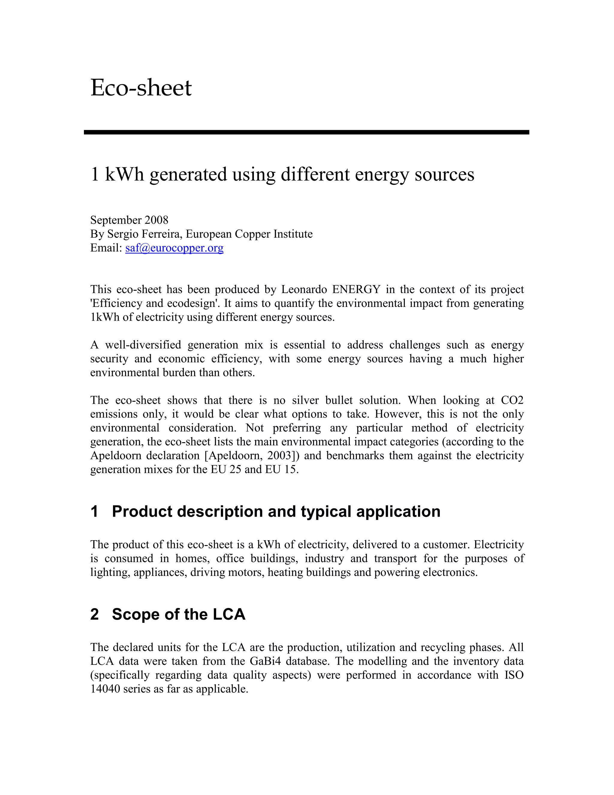 Eco-sheet: 1 kWh generated using different energy sources | PDF