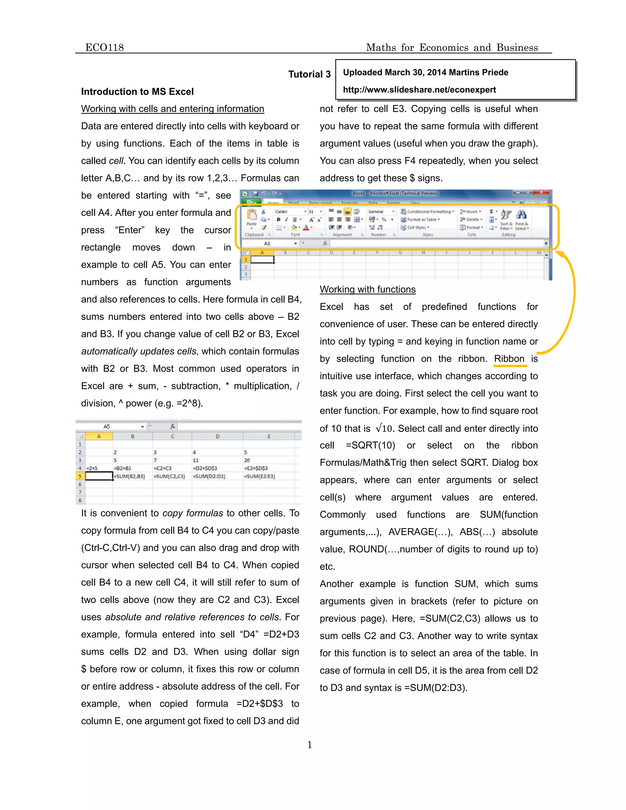 Introduction to Excel, basic financial functions | PDF