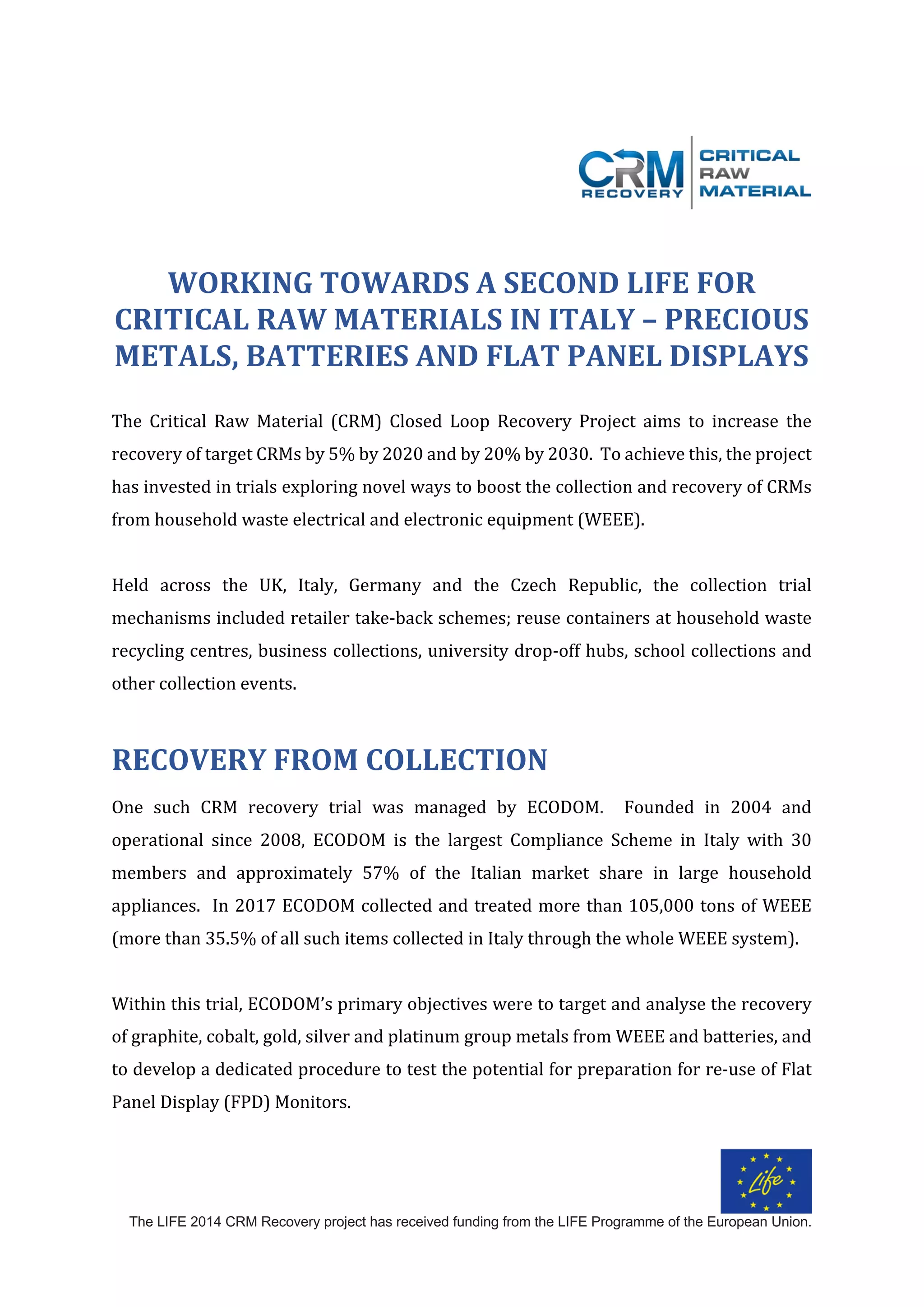 Critical Raw Materials - Working towards a second life for Critical Raw ...