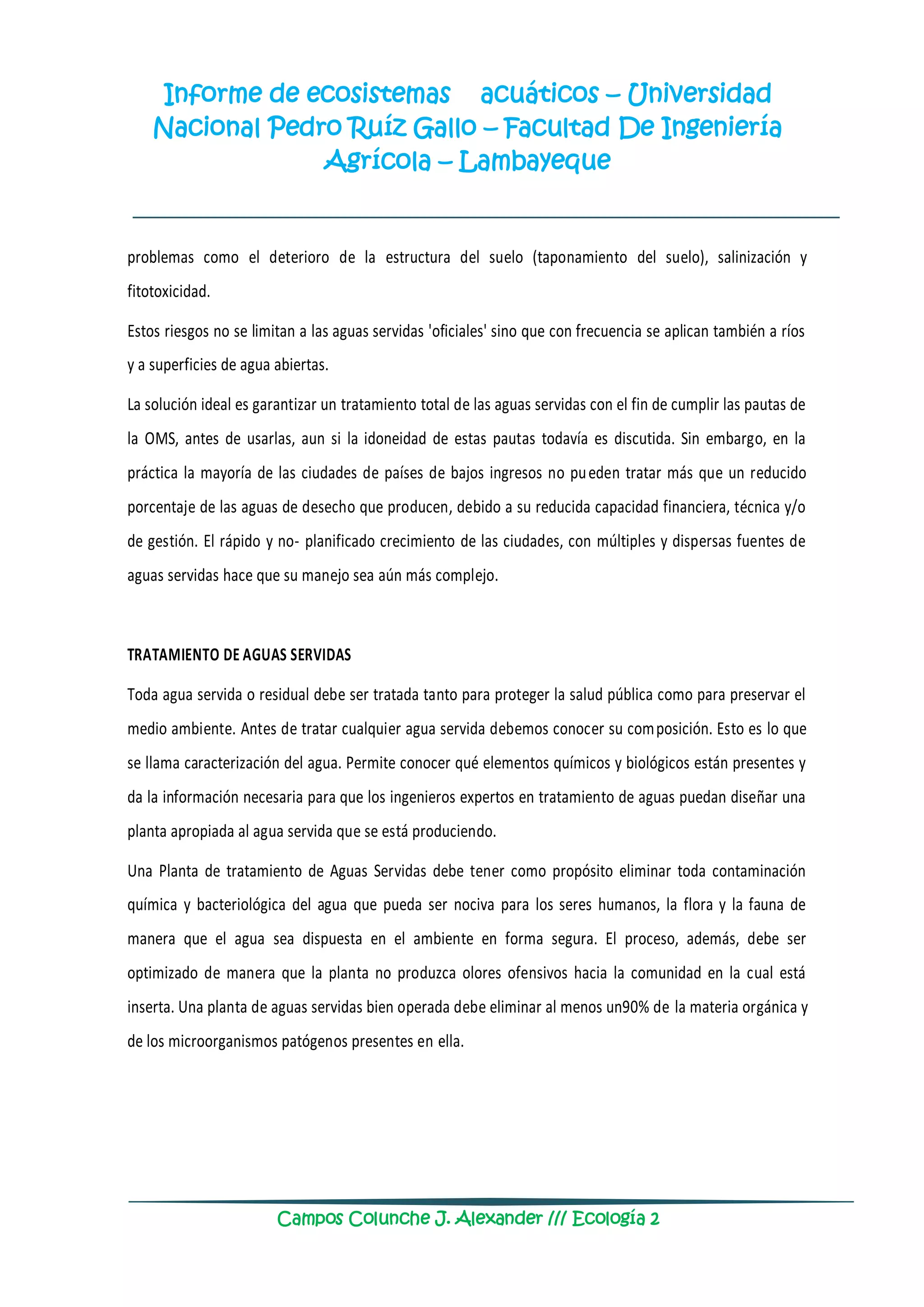 Ecologia (informe de ecosistemas acuaticos trabajo_02) | PDF