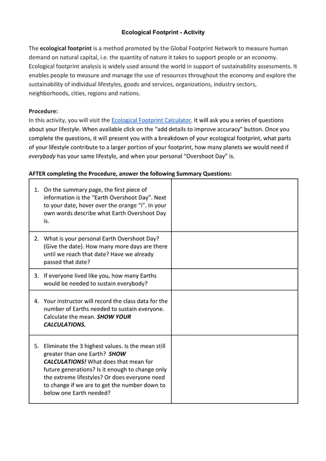 Ecological footprint activities and sustainable | PDF