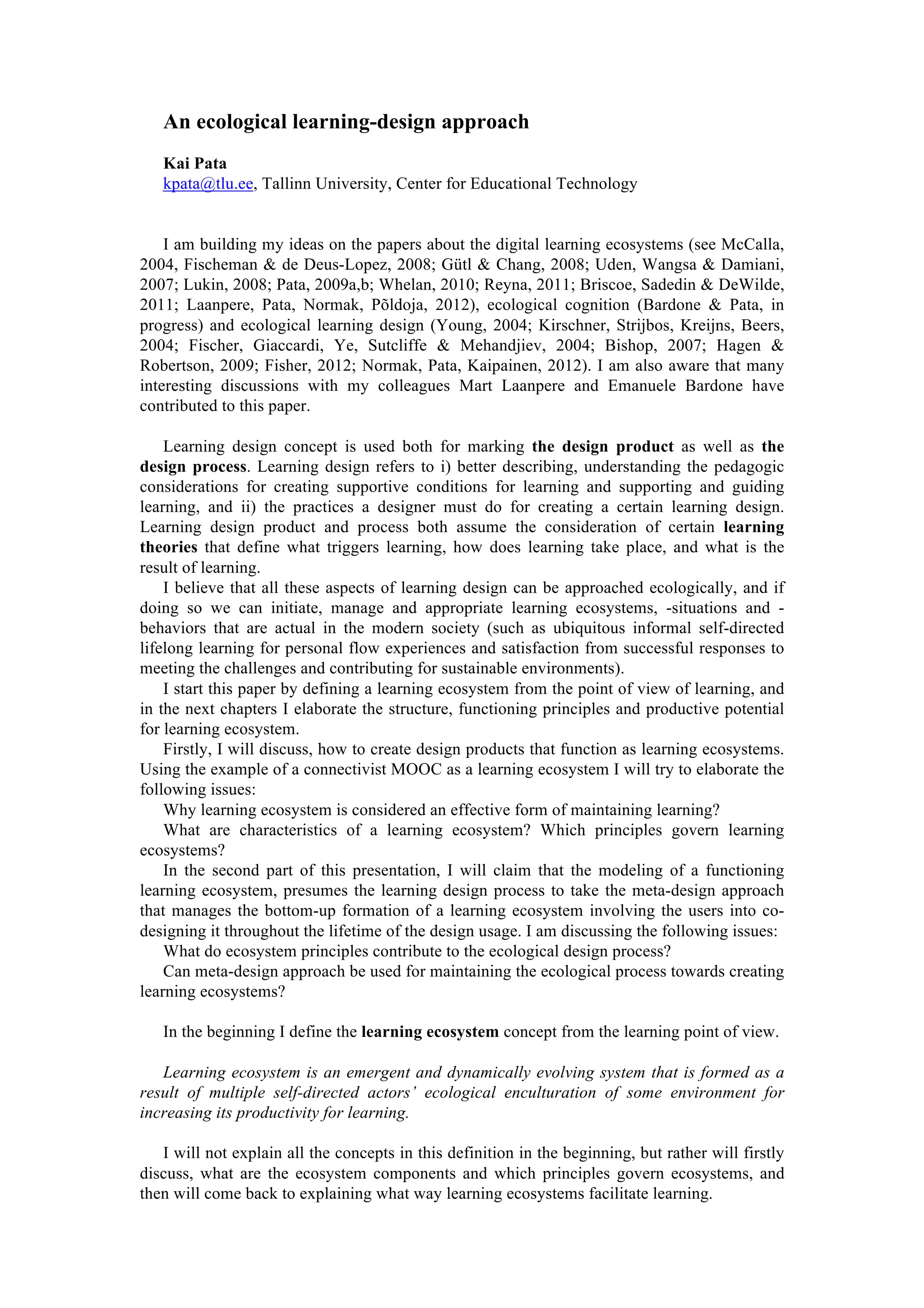 An Ecological Learning Design approach | PDF