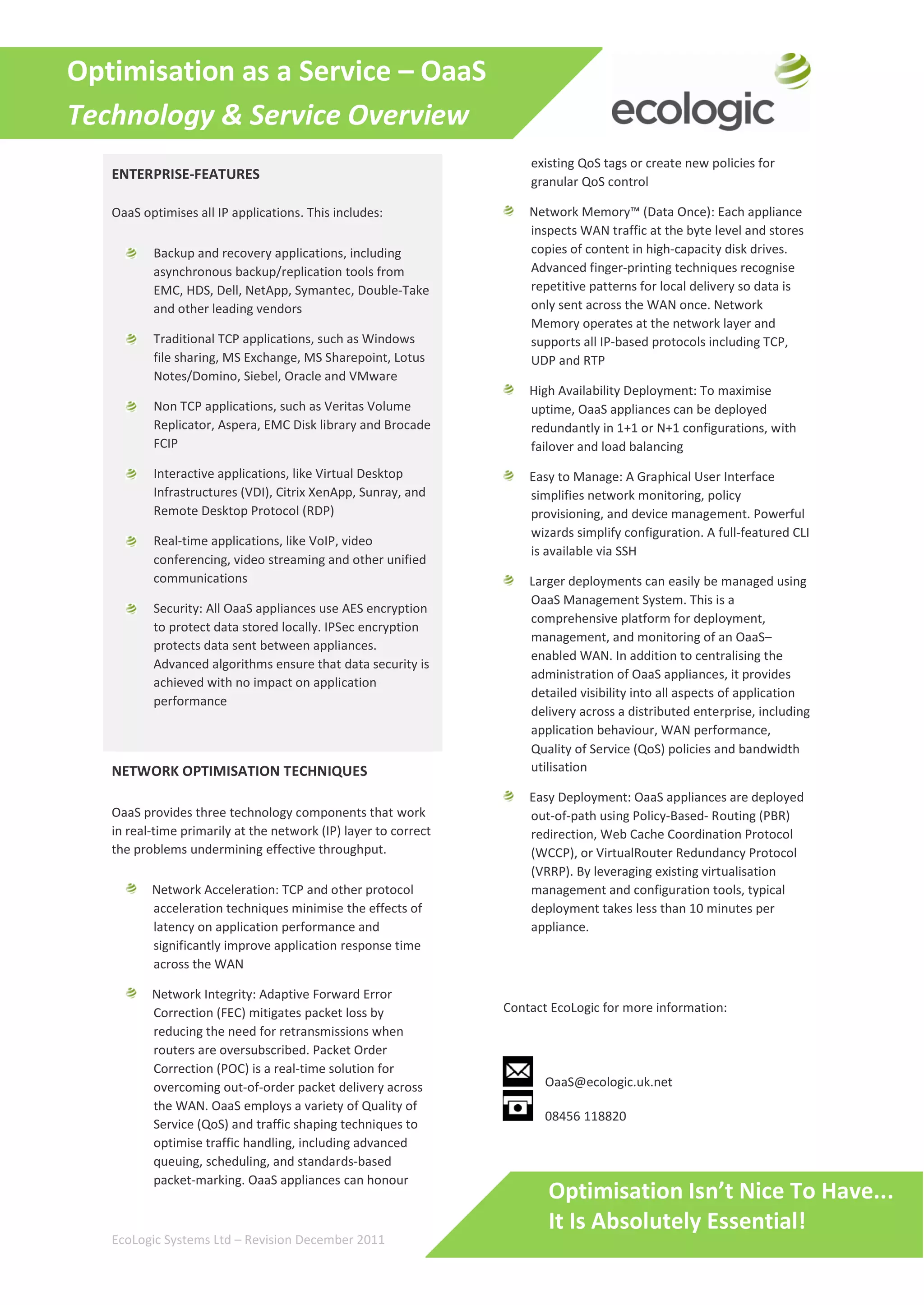 EcoLogic OaaS Data Sheet Dec 2011 | PDF | Internet | Computing