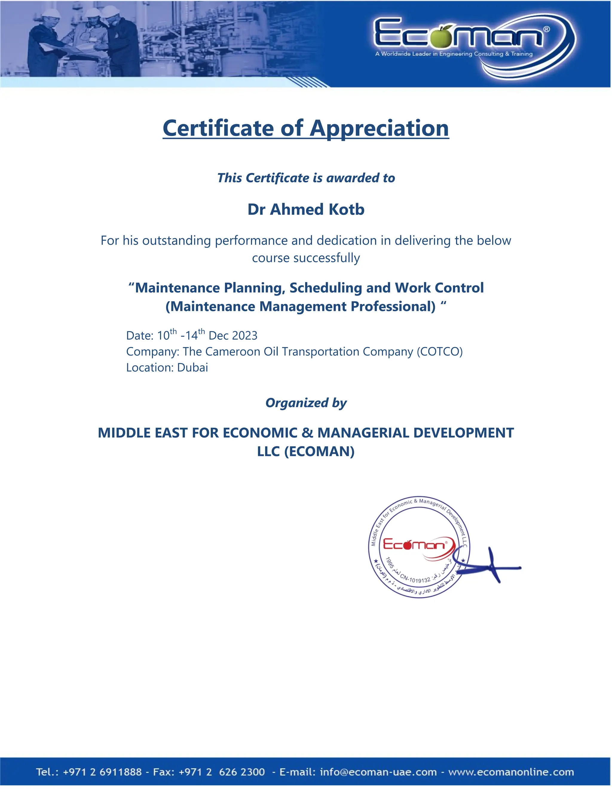 Certificate of Appreciation for Conducting the "Maintenance Planning, Scheduling, and Work ...