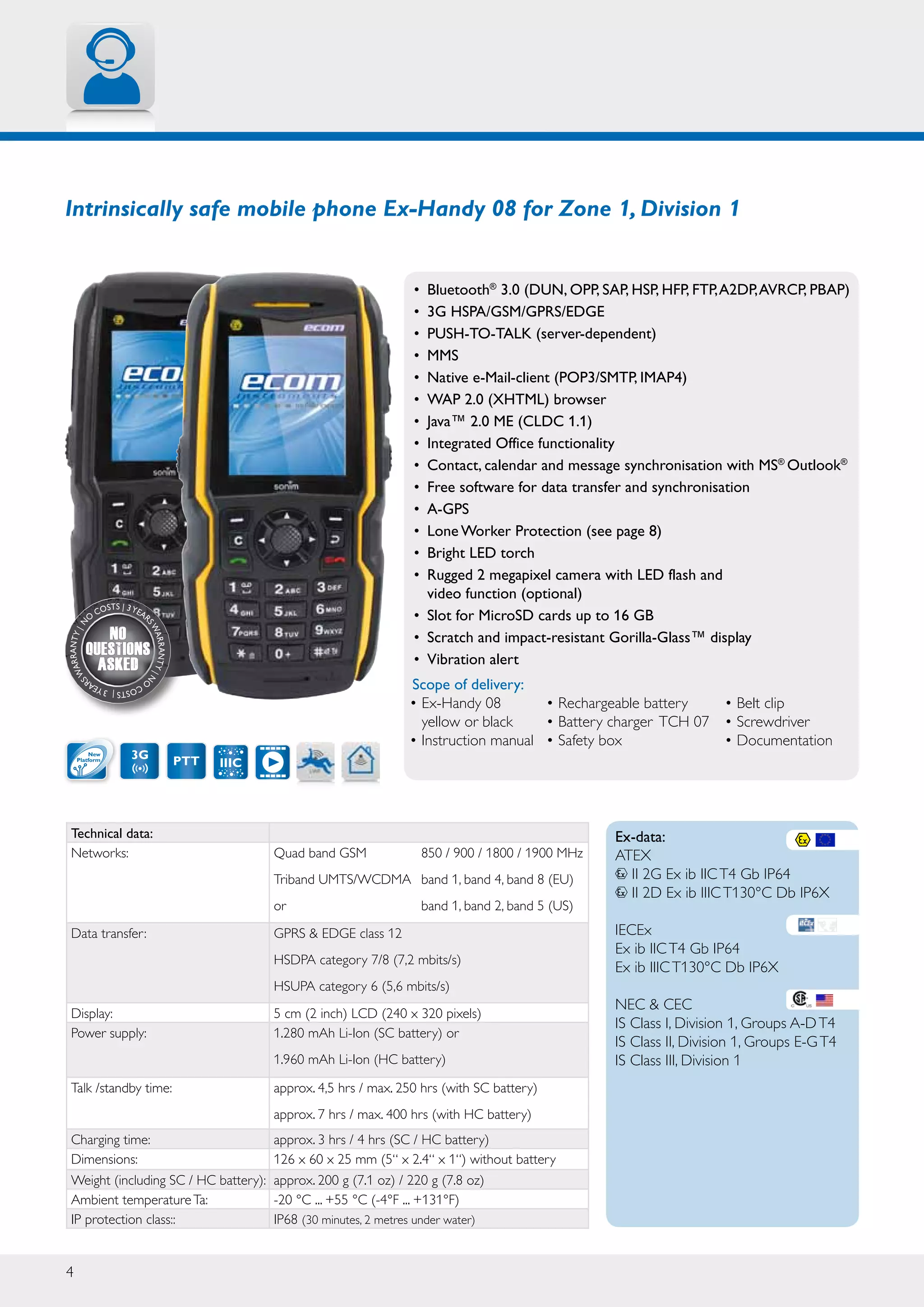 Ecom EX-Handy 08 ATEX Hazardous Area Mobile Phone Datasheet | PDF