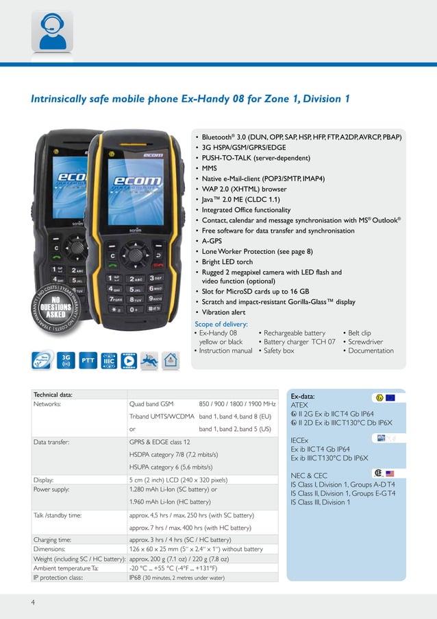 Ecom EX-Handy 08 ATEX Hazardous Area Mobile Phone Datasheet | PDF