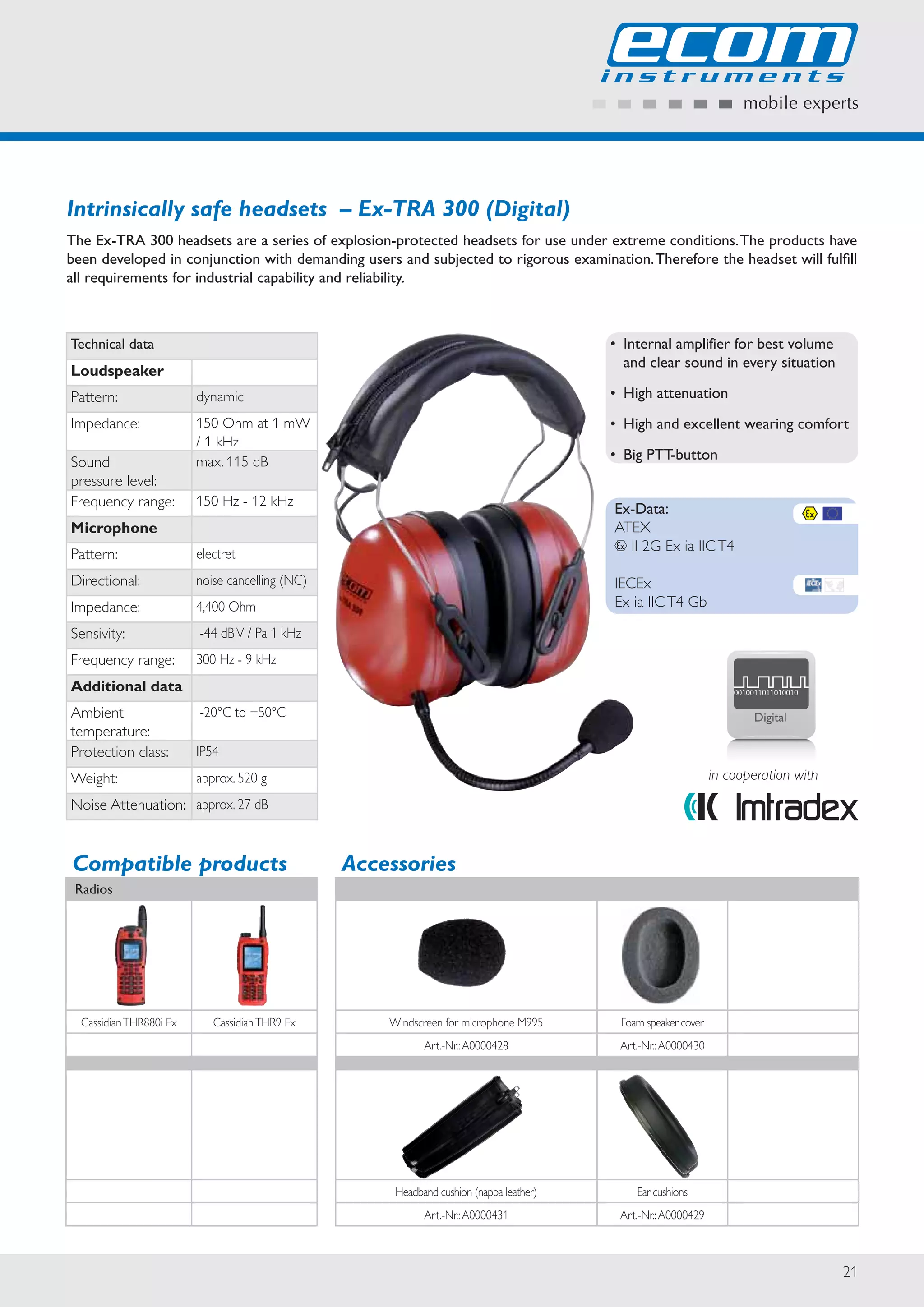 Ecom Ex-TRA300 ATEX Hazardous Area Headset Datasheet | PDF