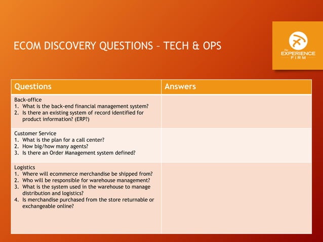 Ecommerce Pre-Kick-Off Discovery Questions | PPT