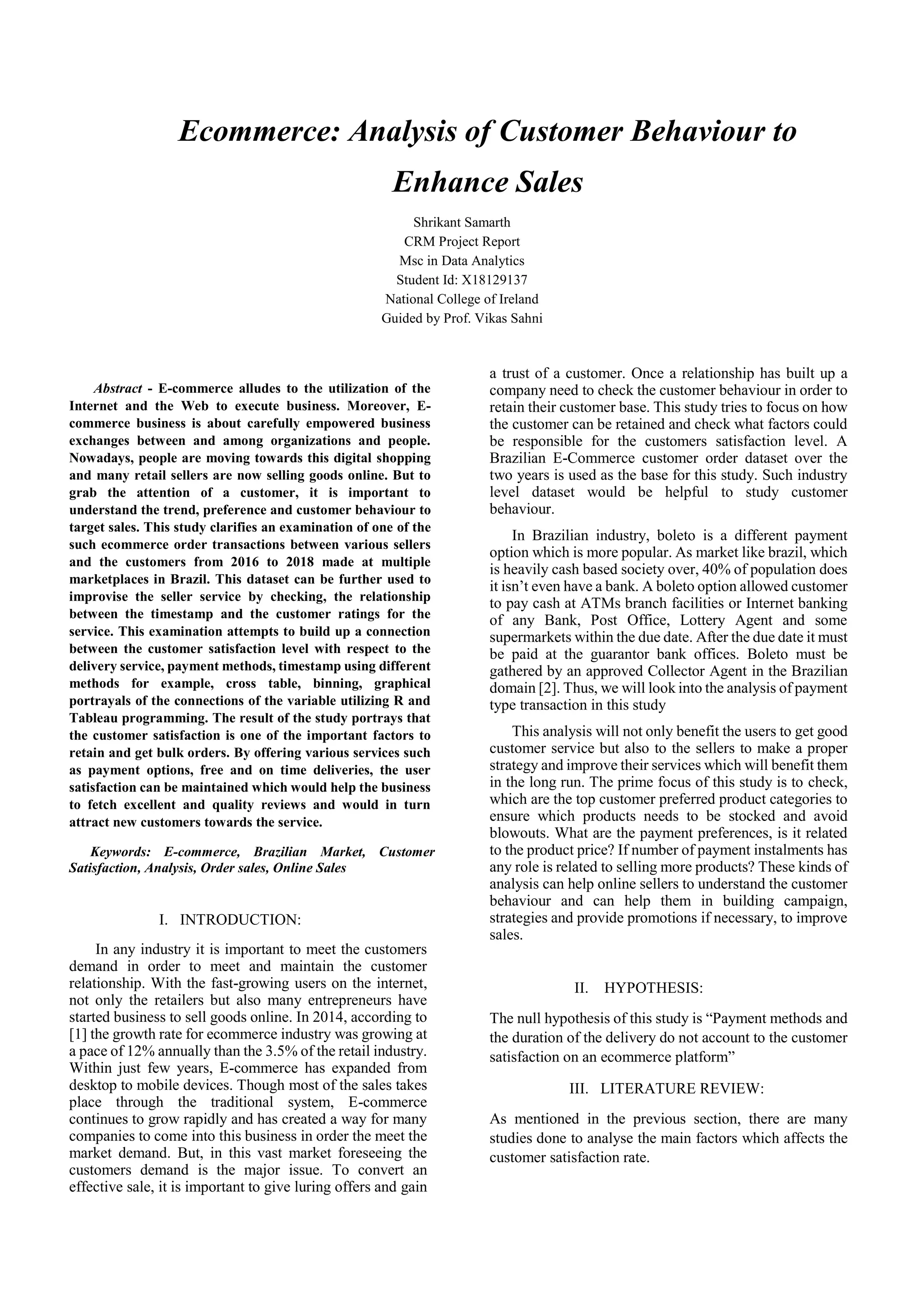 Analytical CRM - Ecommerce analysis of customer behavior to enhance sales | PDF