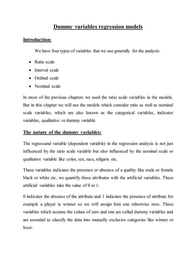 DUMMY VARIABLE REGRESSION MODEL | DOCX | Business Accounting & Finance ...