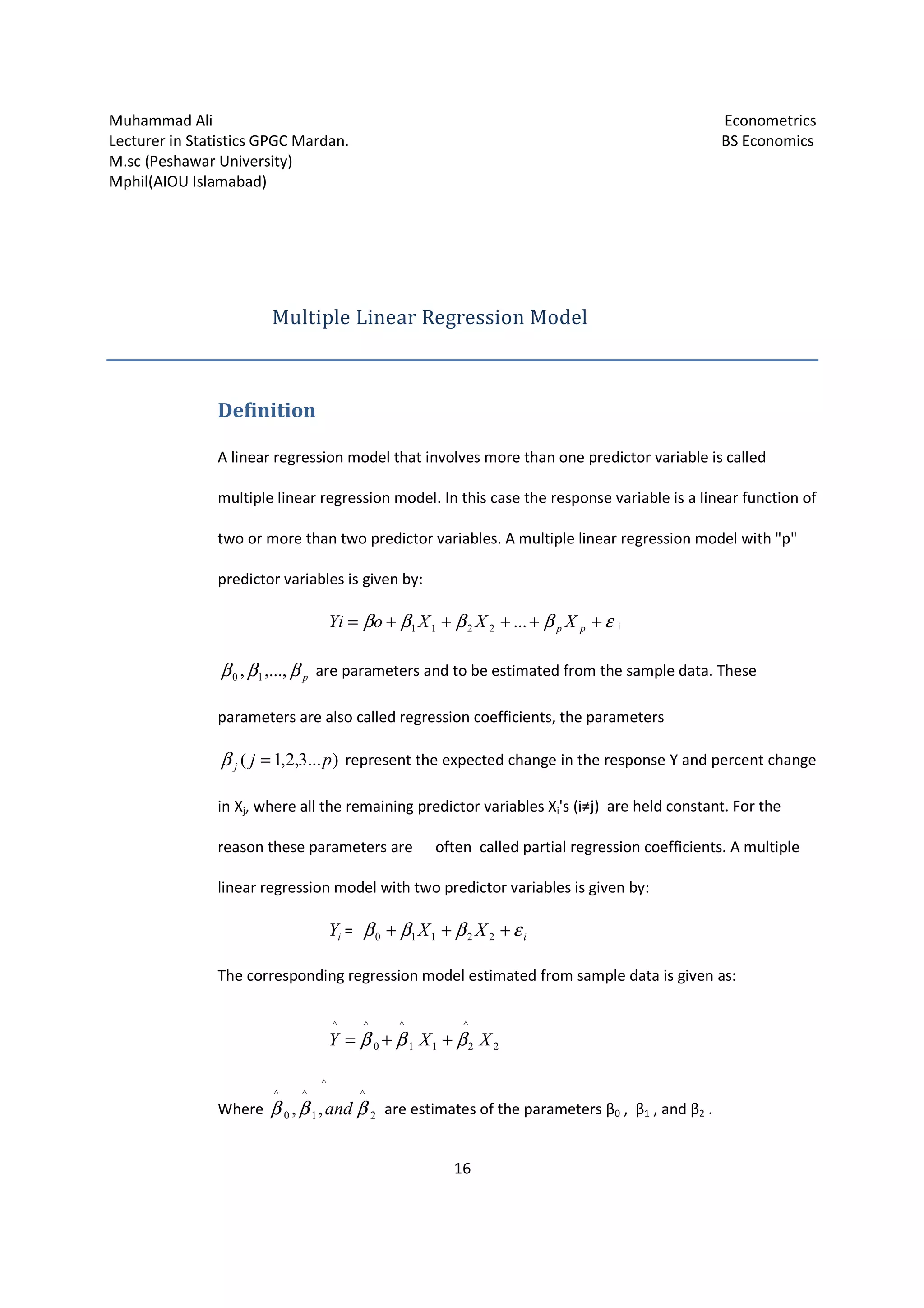 Econometrics Notes Introduction Simple Linear Regression Multiple