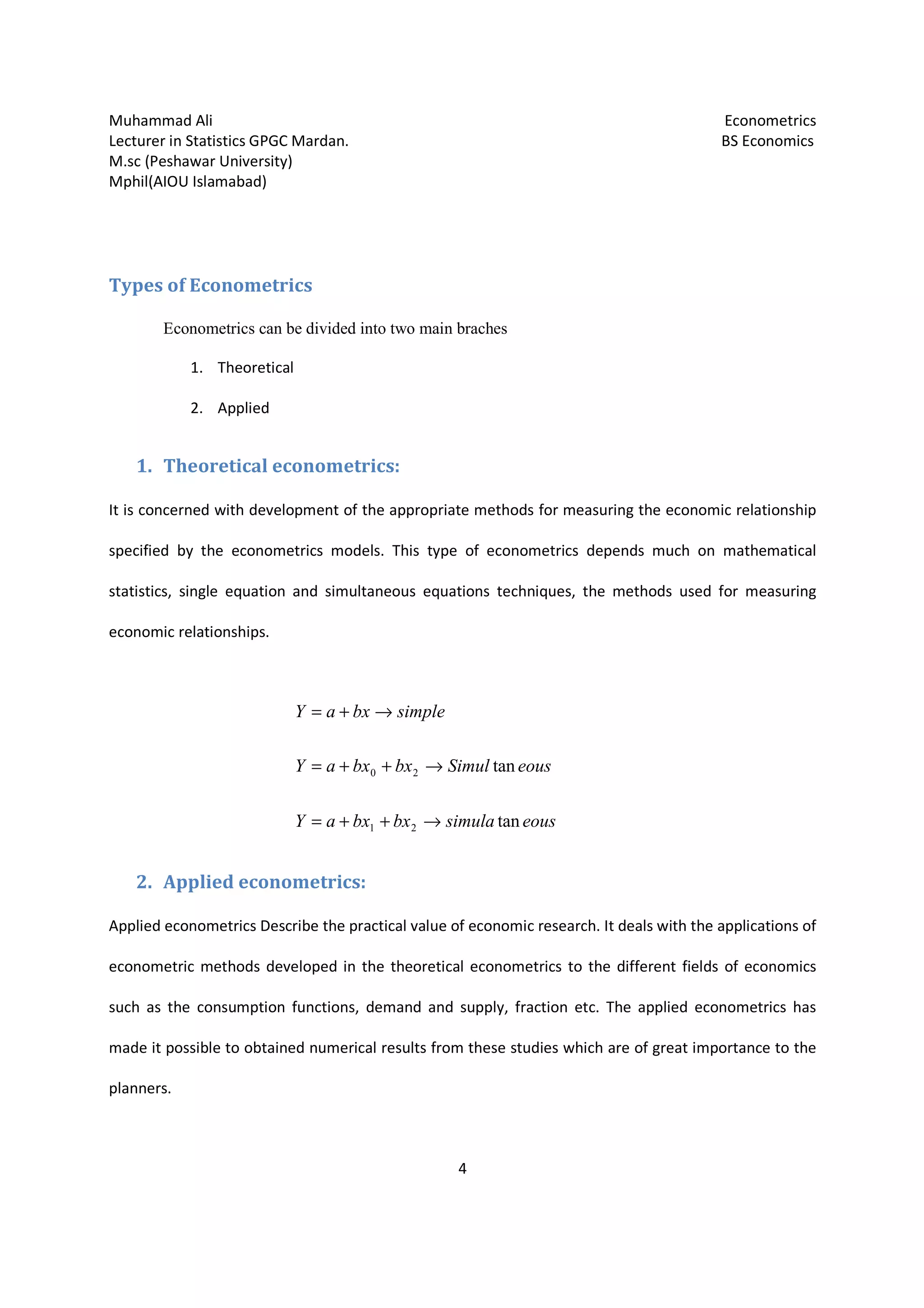 Econometrics Notes Introduction Simple Linear Regression Multiple Linear Regression Pdf