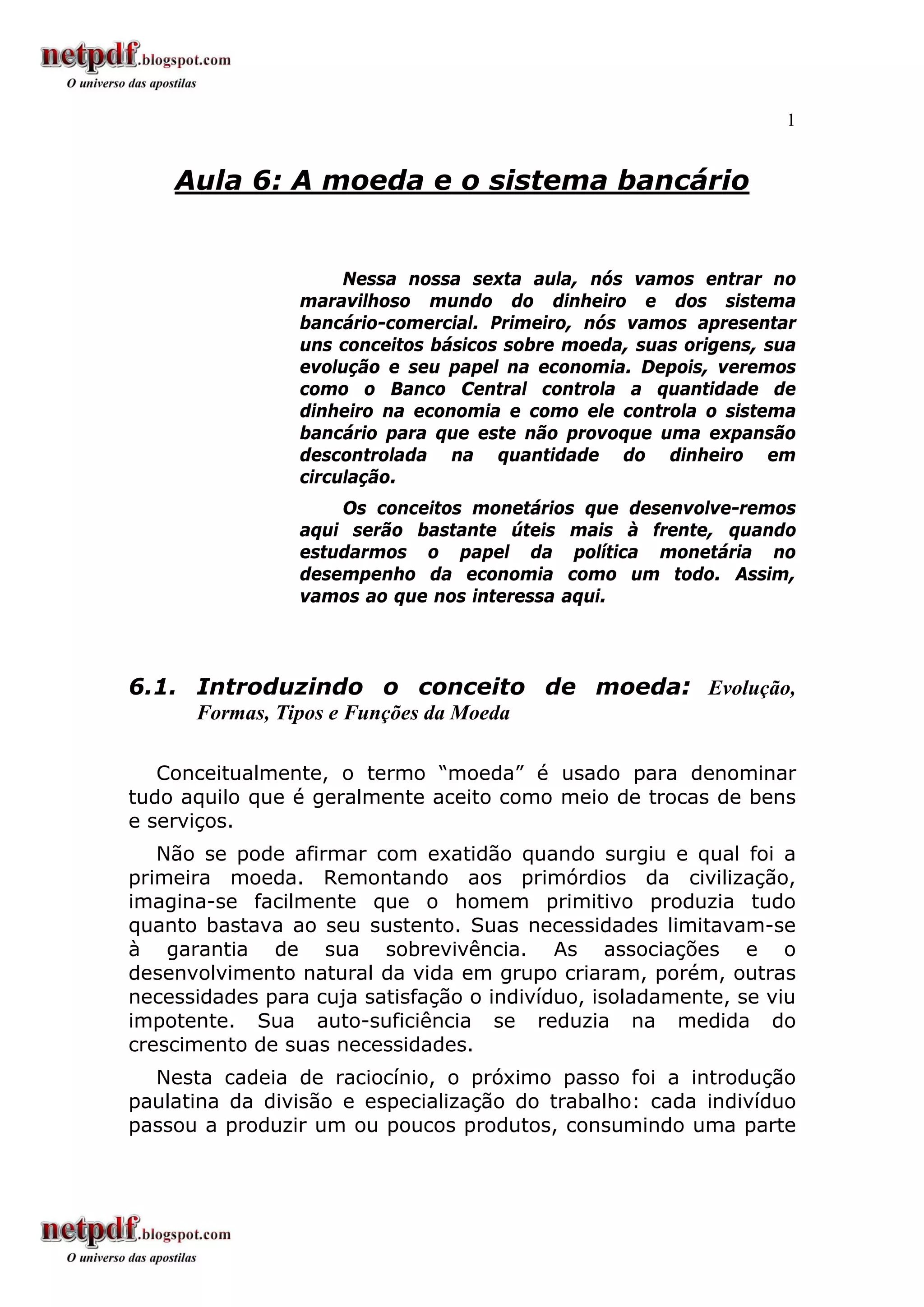 Economia aula 6 - a moeda e o sistema bancário | PDF
