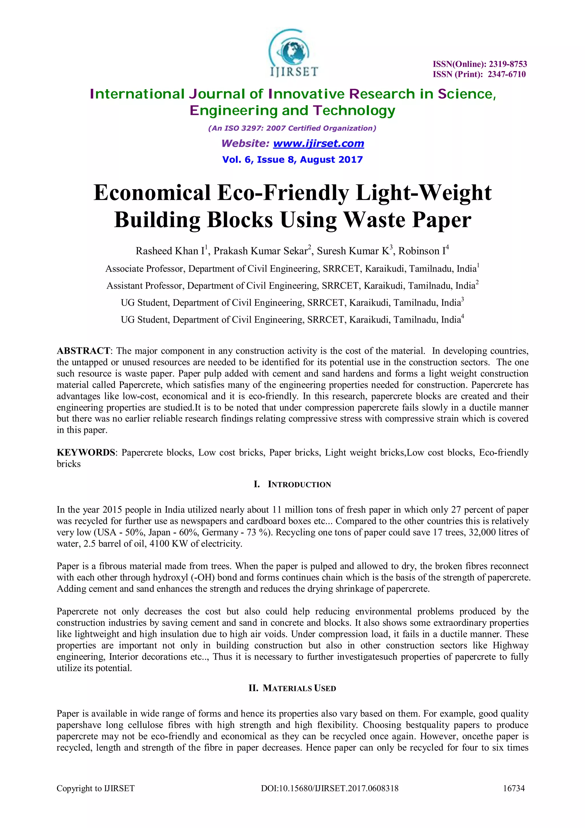 Economical eco friendly light-weight building blocks using waste paper ...
