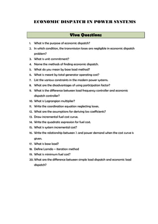 Economic dispatch in power systems - Question Bank | PDF