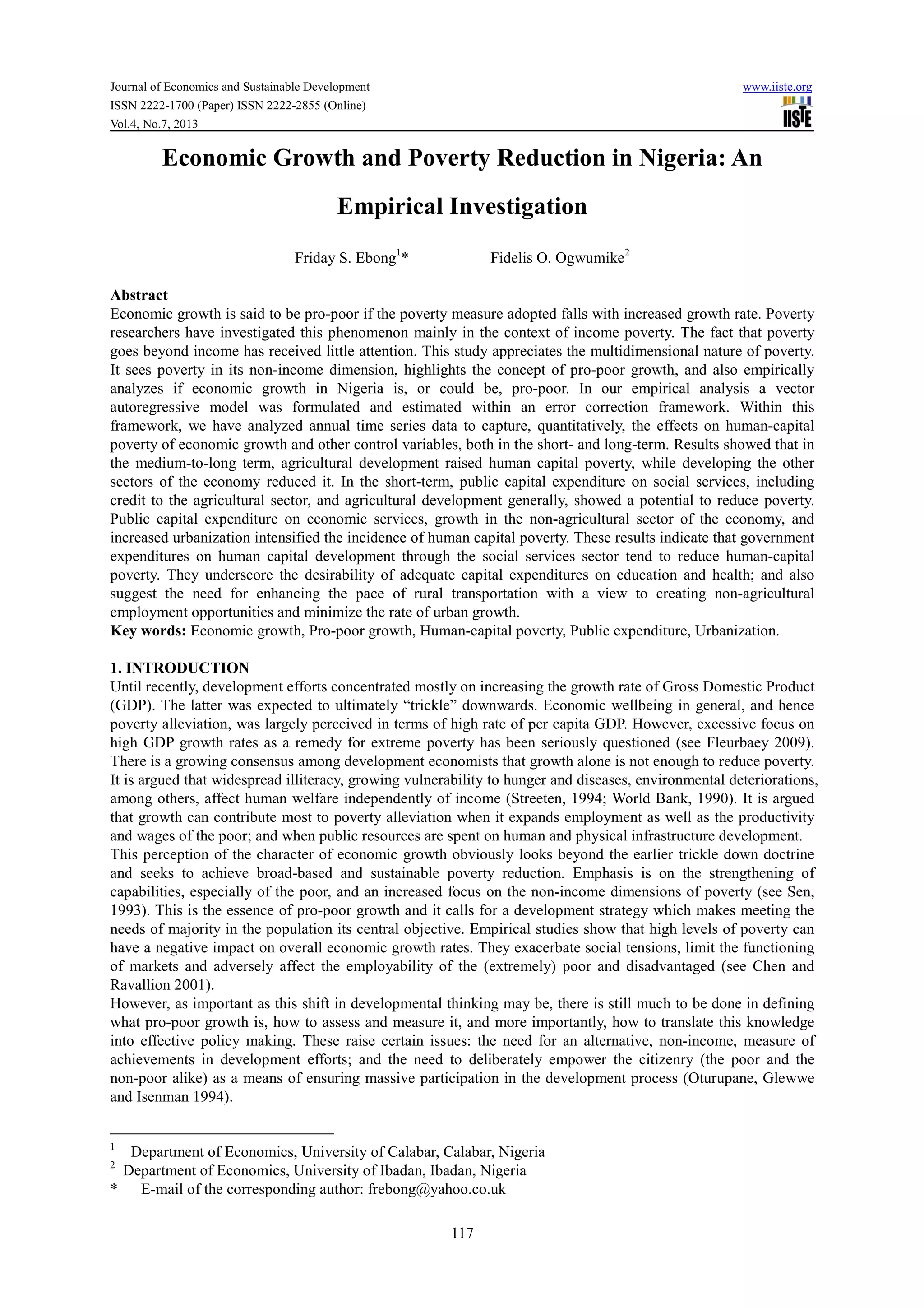 Economic growth and poverty reduction in nigeria an empirical ...