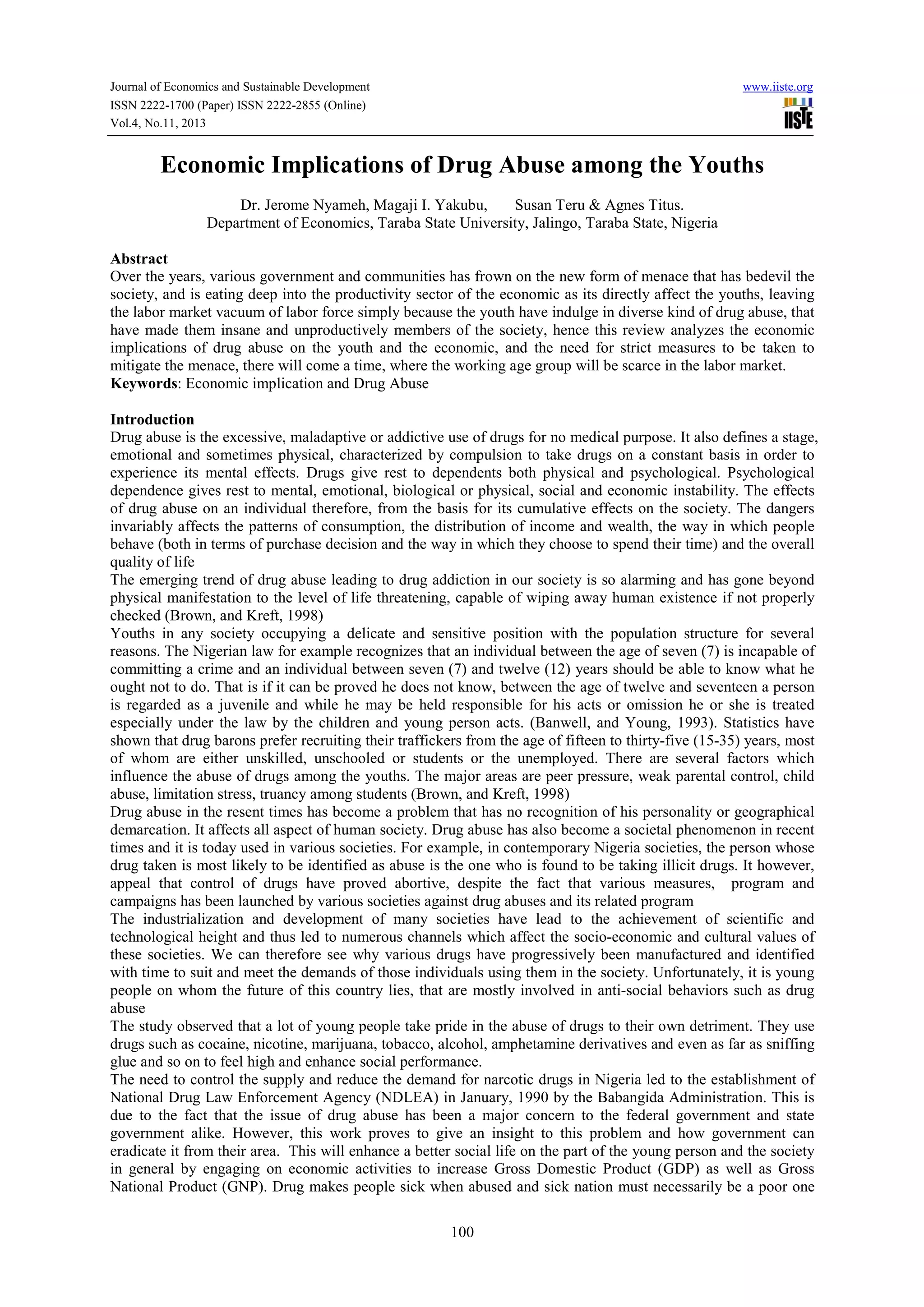 Economic implications of drug abuse among the youths | PDF