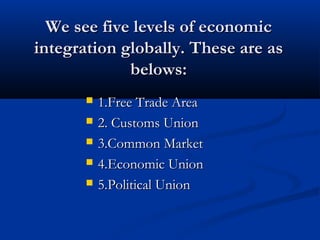 Economic integration and levels of integration | PPT
