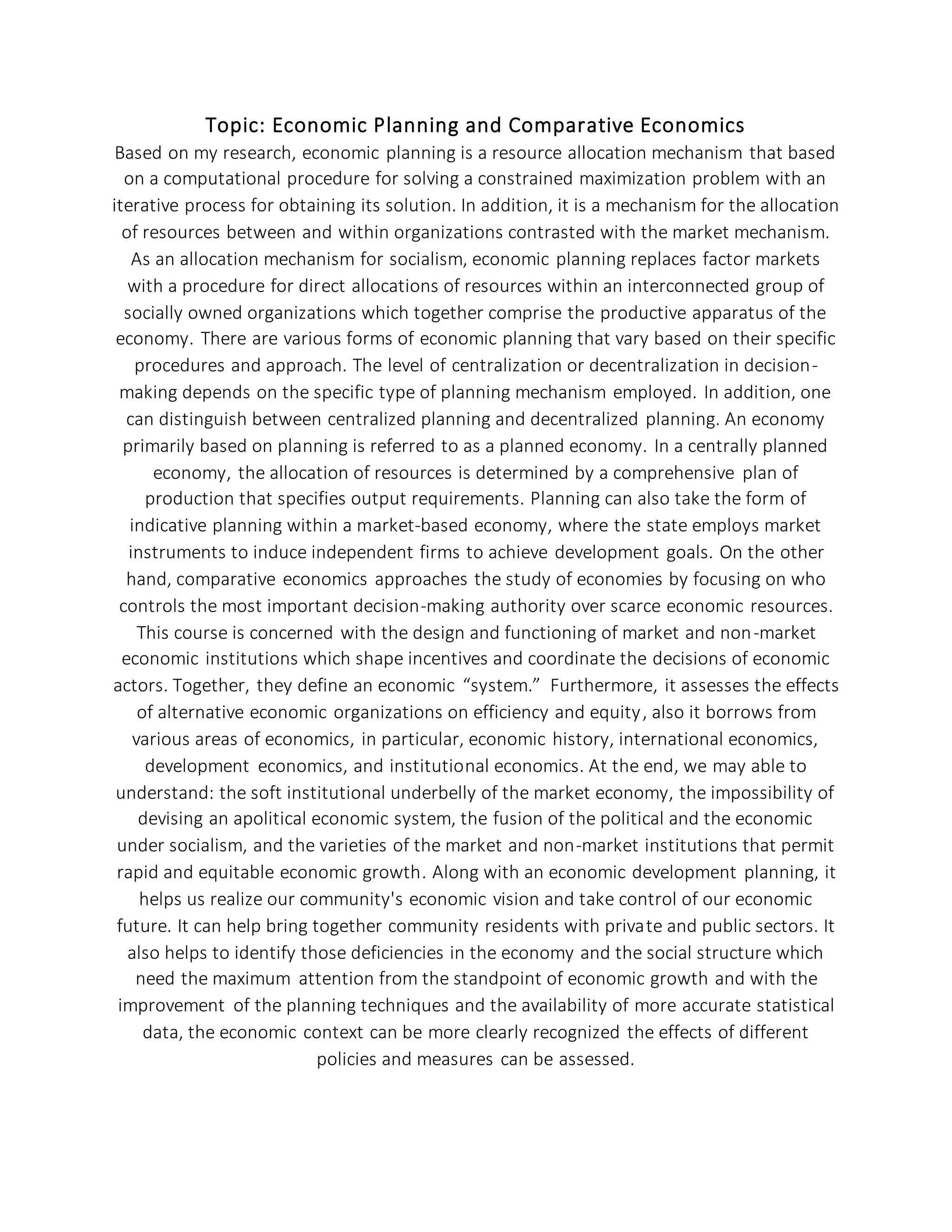 Economic planning and comparative economics | DOCX