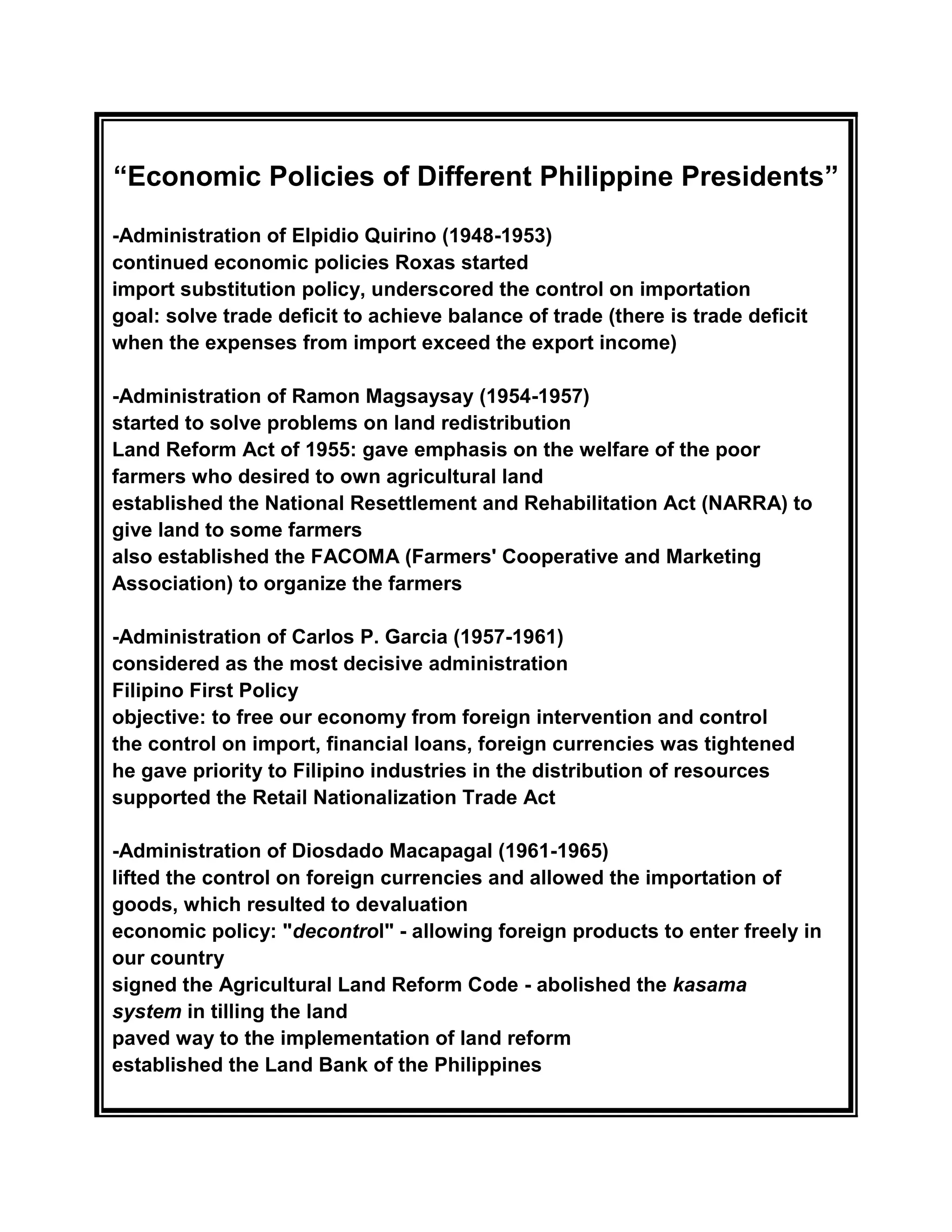 Economic policies of different philippine presidents | DOCX
