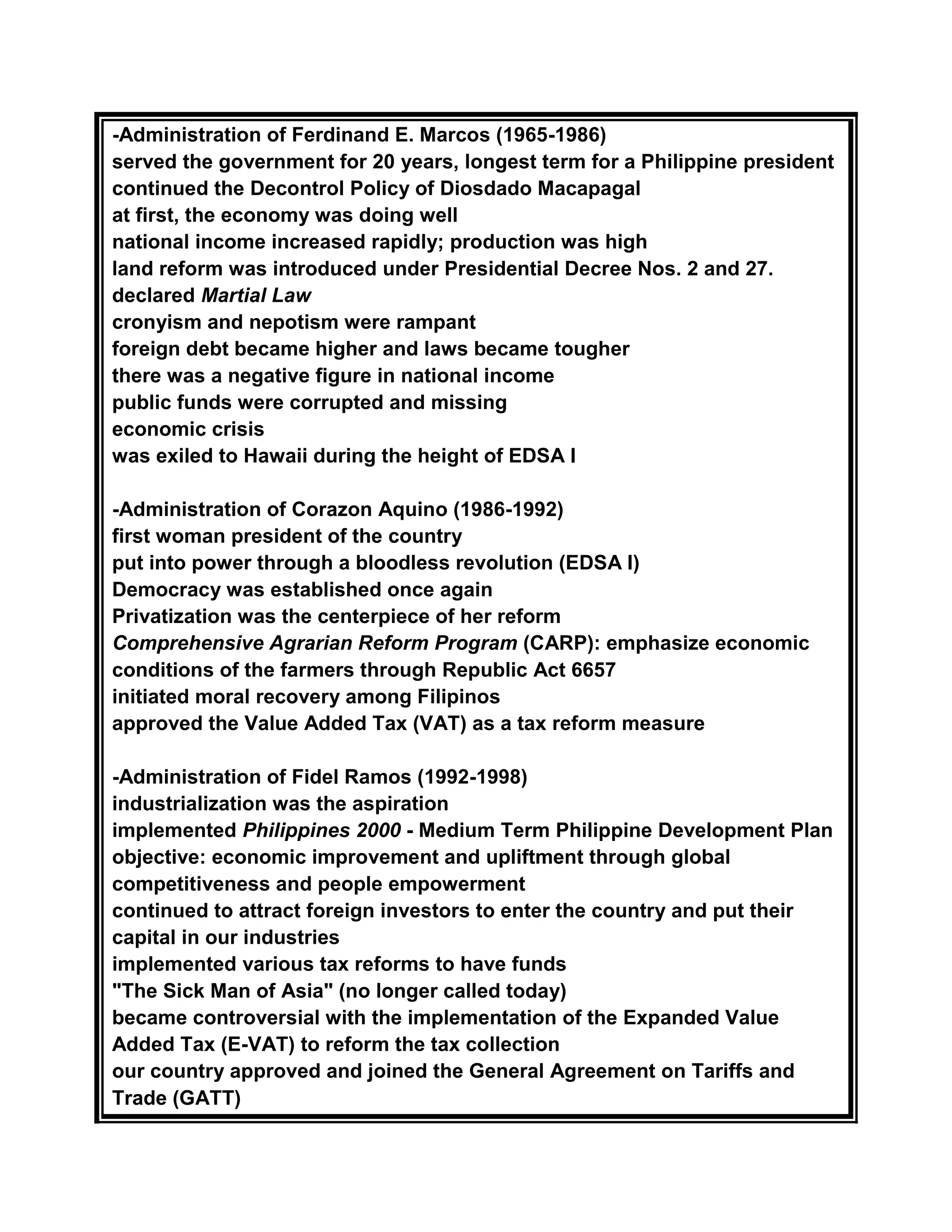 Economic policies of different philippine presidents | DOCX