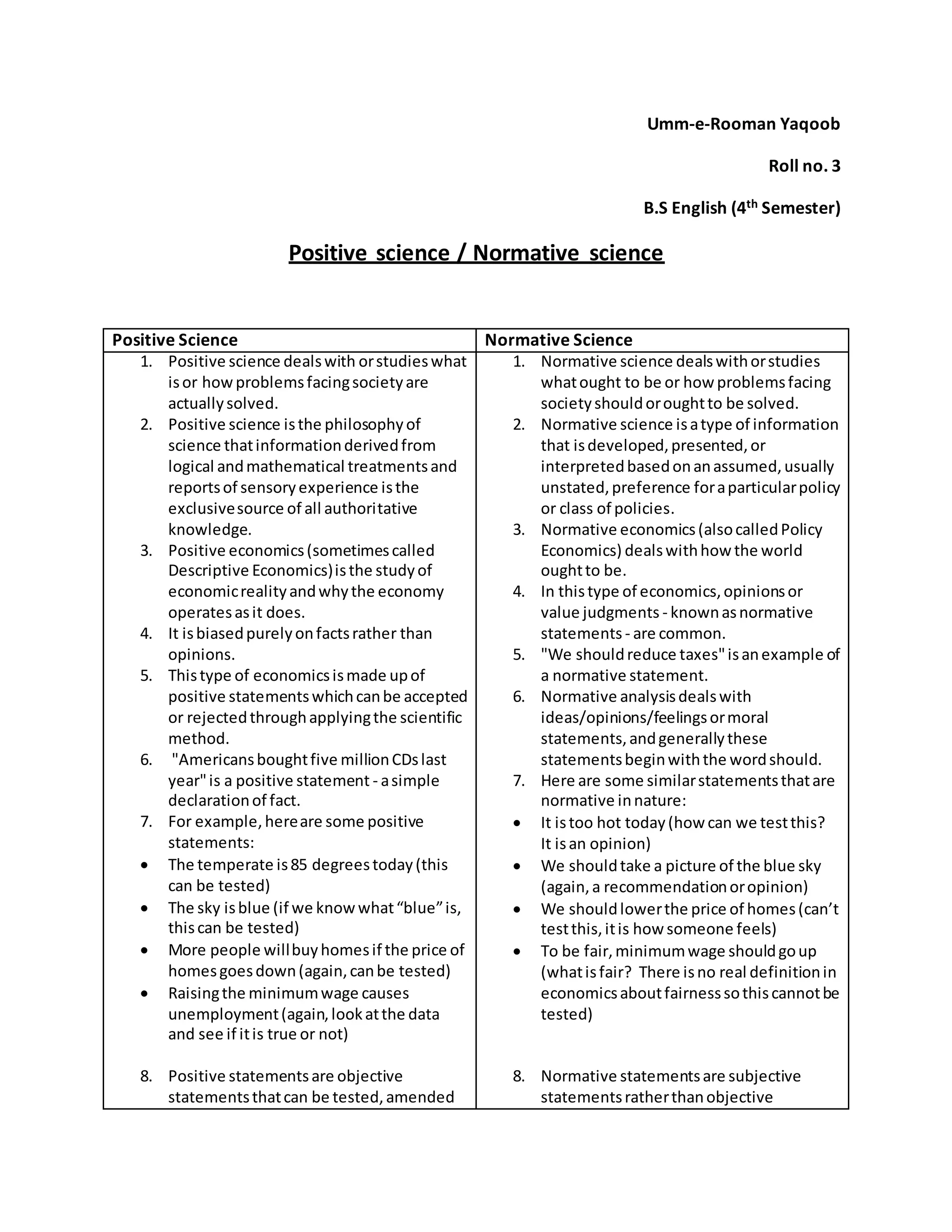Economics positive and normative sciences | DOCX