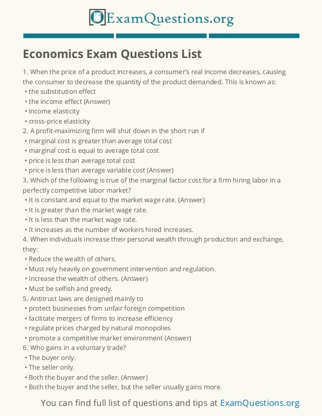 Economics Exam Questions And Answers List Economics Exam Questions And Answers List