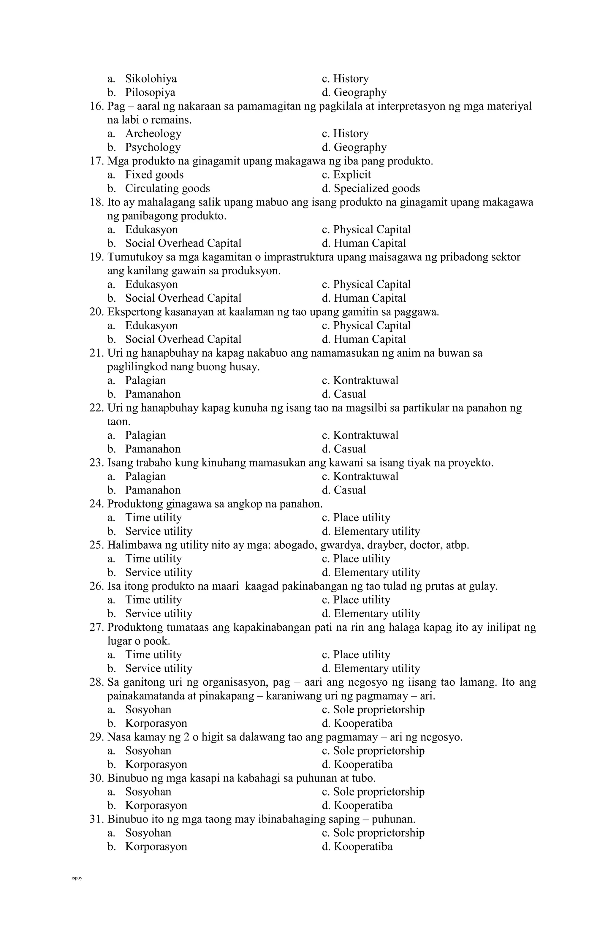 Economics 100 questions (filipino) | DOCX