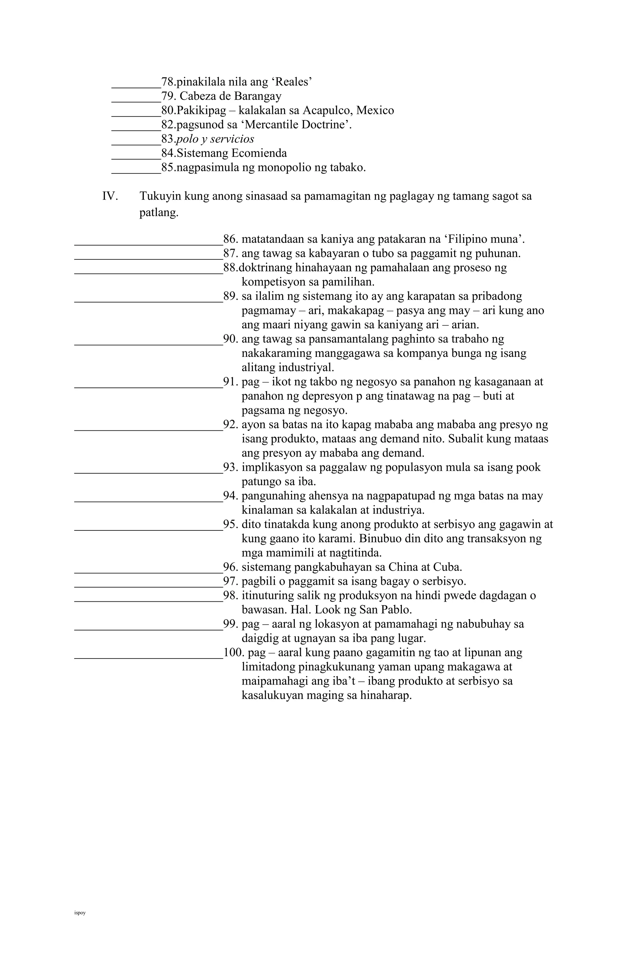 Economics 100 questions (filipino) | DOCX