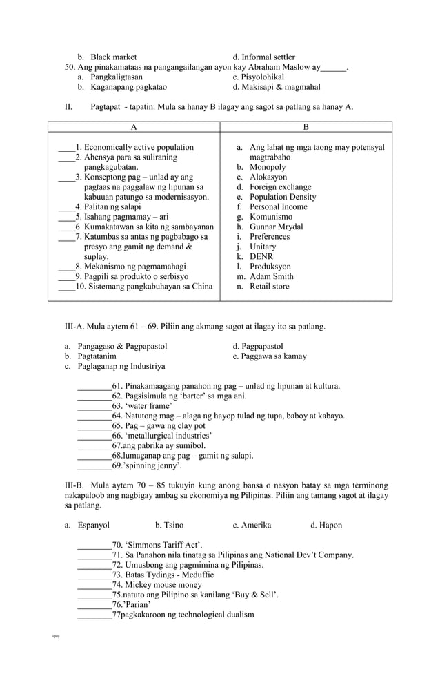 Economics 100 questions (filipino) | DOCX
