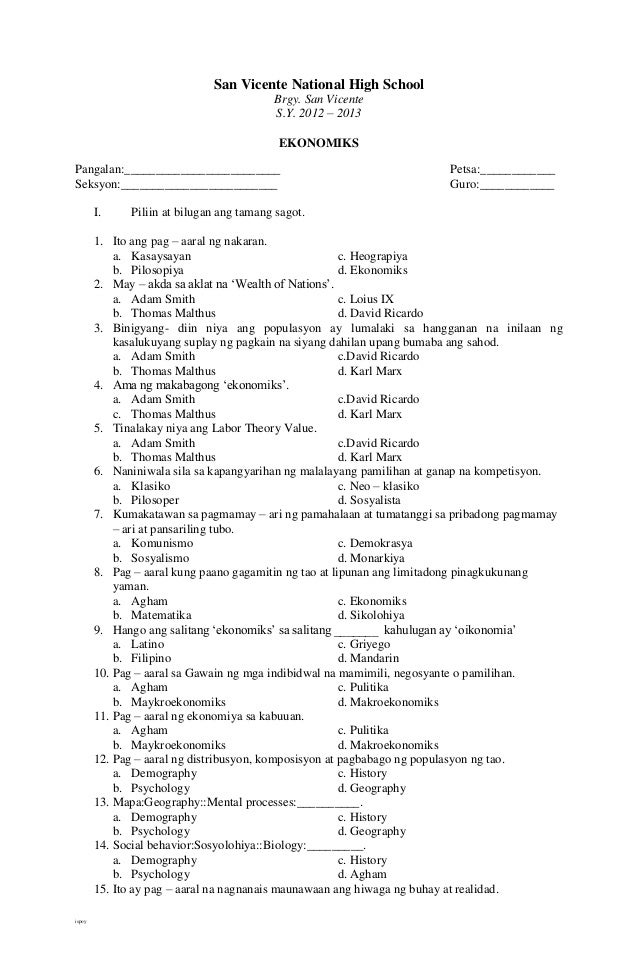 Economics 100 Questions filipino Economics 100 Questions filipino