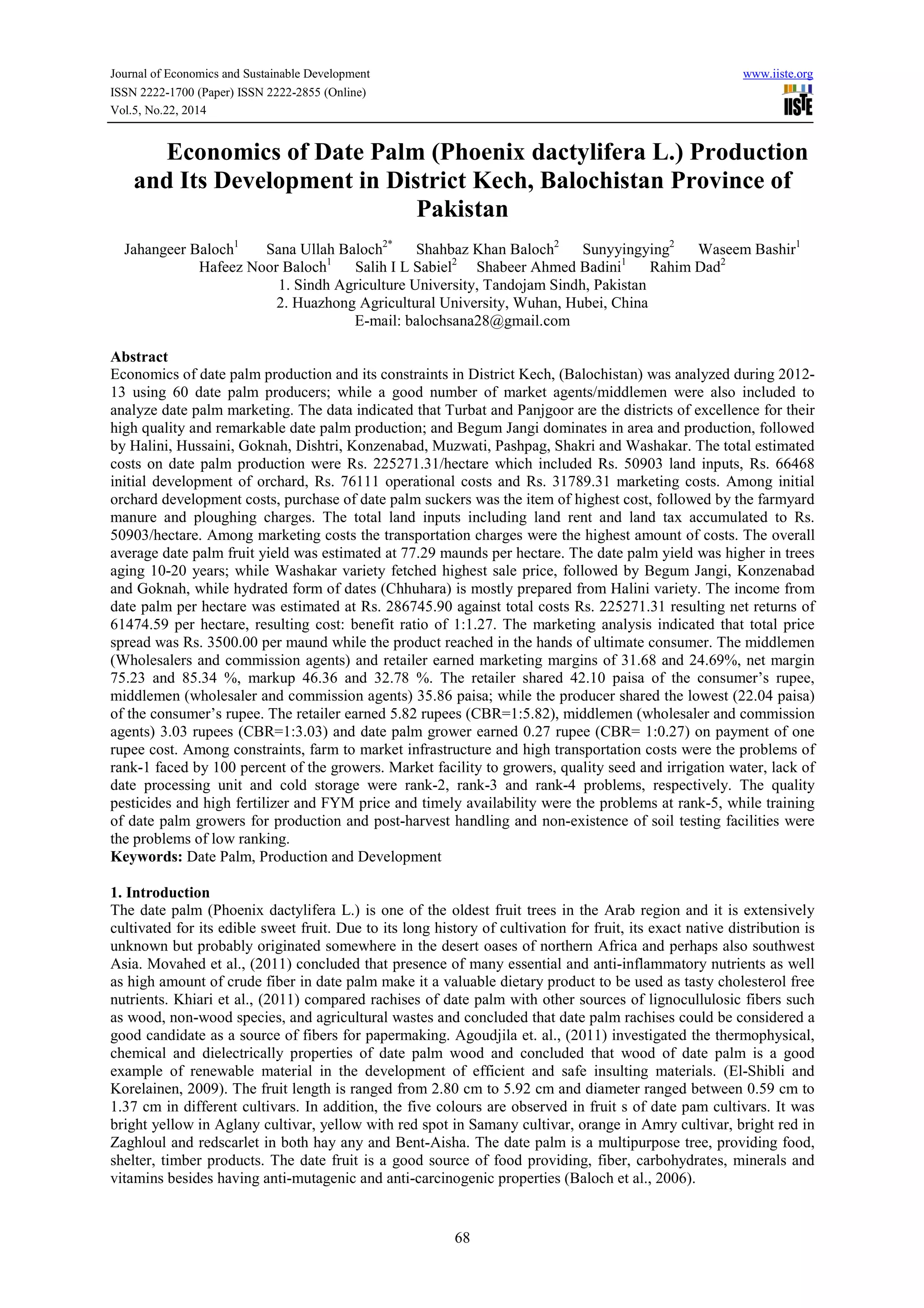 Economics of date palm (phoenix dactylifera l.) production and its development in district kech ...