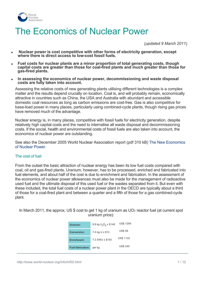 Economics Of Nuclear Power | PDF | Power and Energy Industry | Industries