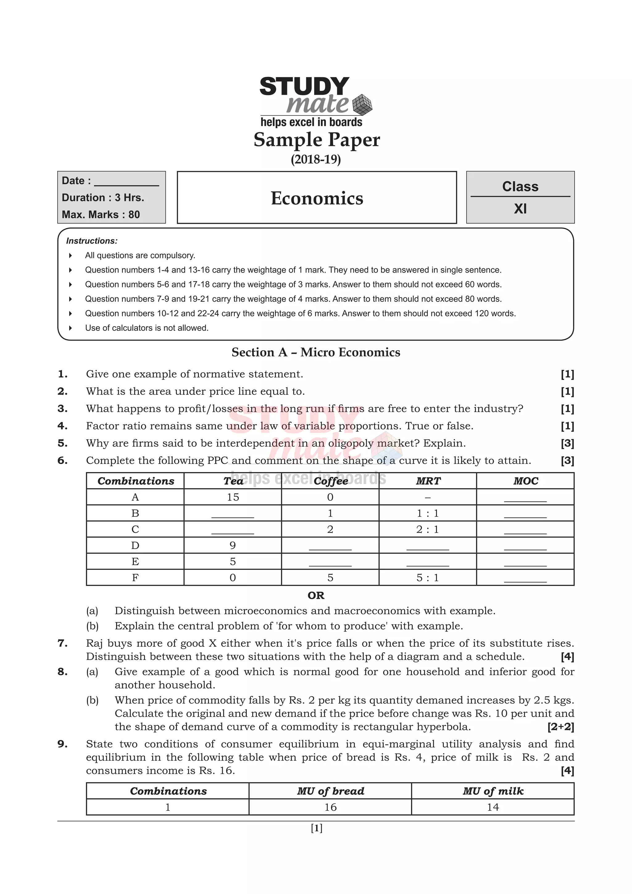 Economics Sample Paper Class 11 - Studymate | PDF
