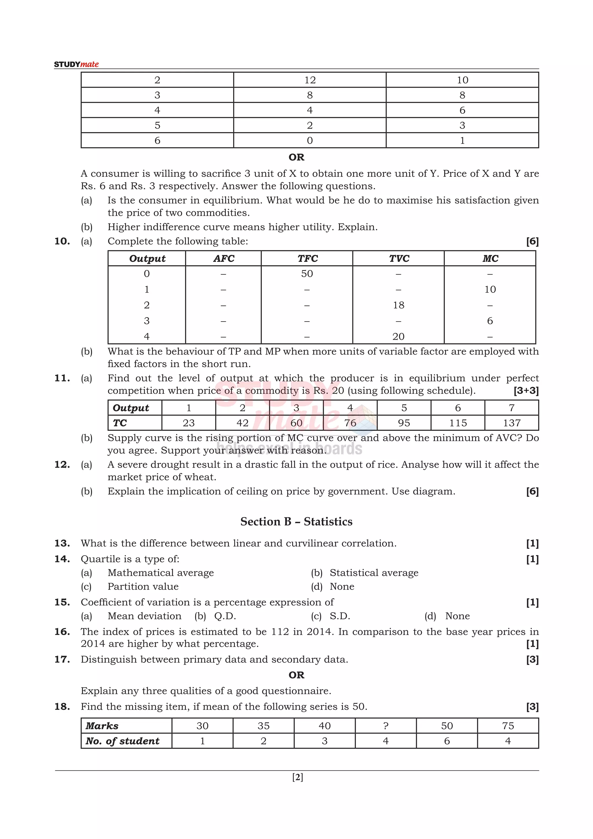 Economics Sample Paper Class 11 - Studymate | PDF